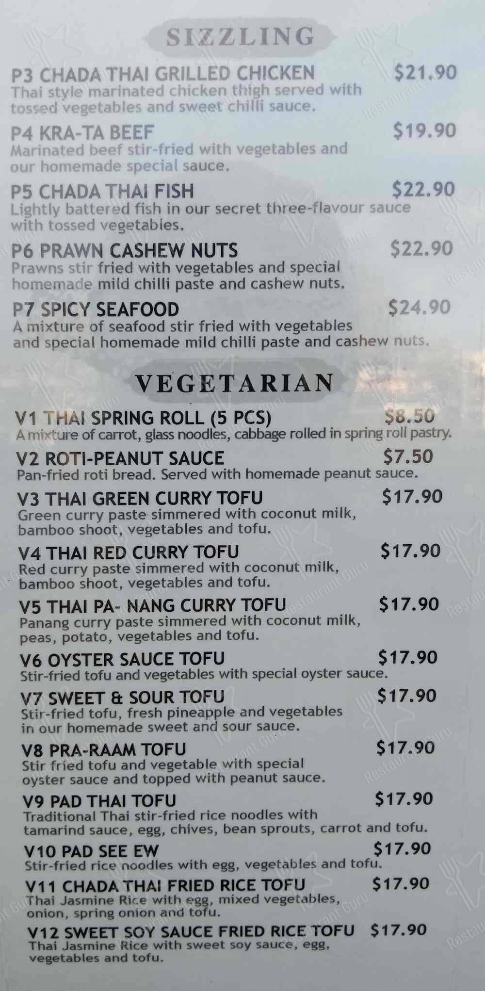 Menu at Chada Thai Restaurant, Auckland