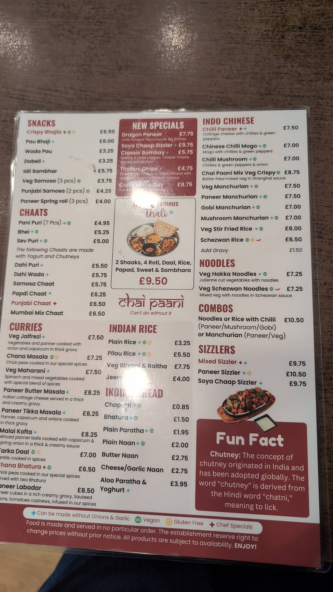 Menu at Chai Paani restaurant, Leicester