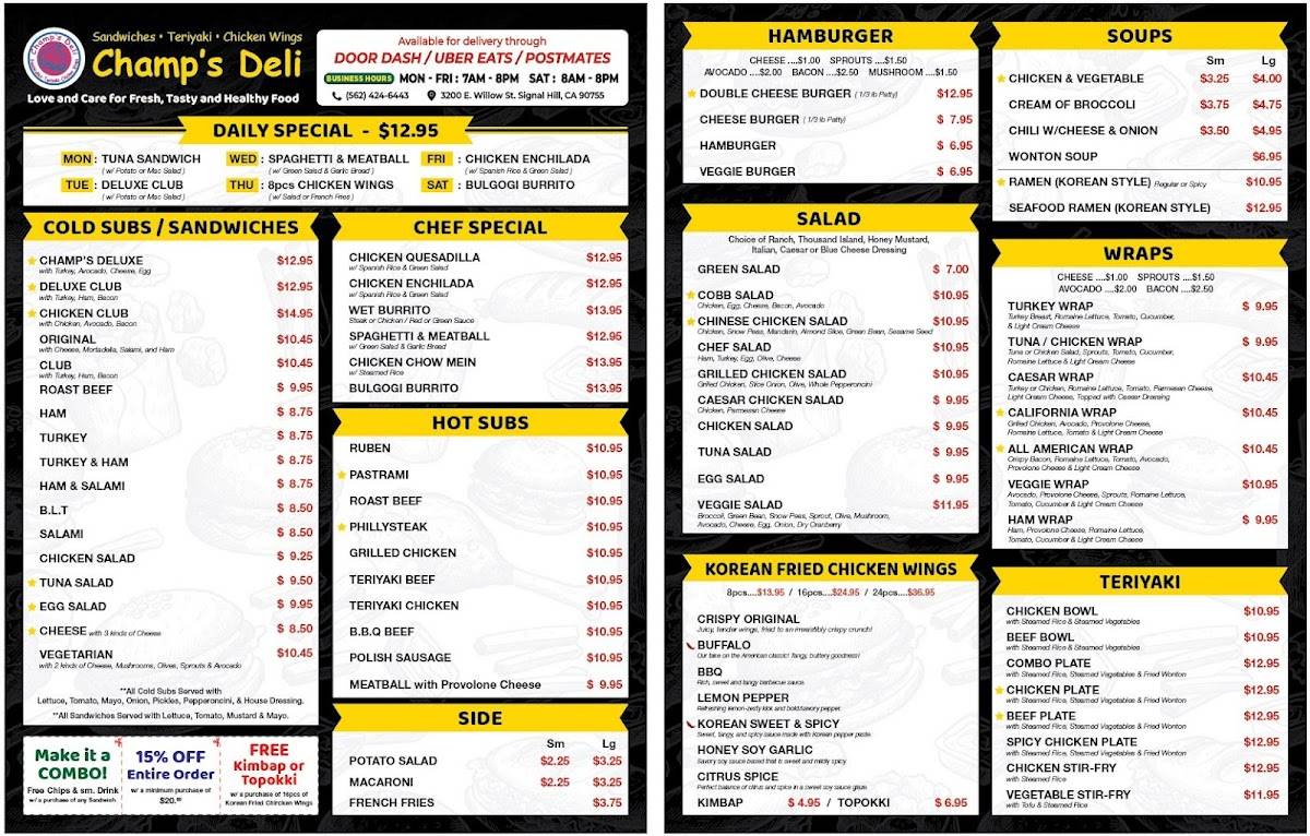 Menu at Champ's Deli Restaurant, Signal Hill