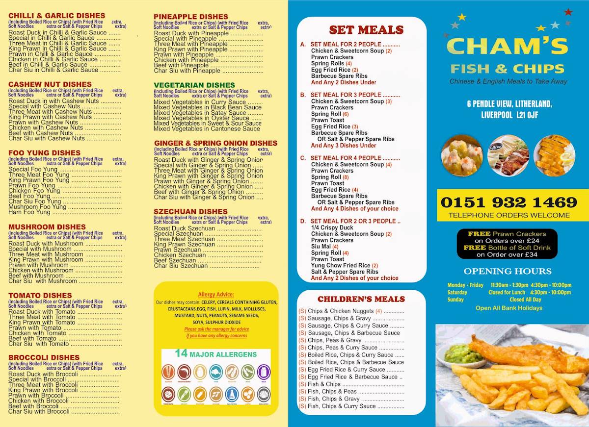 Menu at Cham's Fish and Chips restaurant, Liverpool