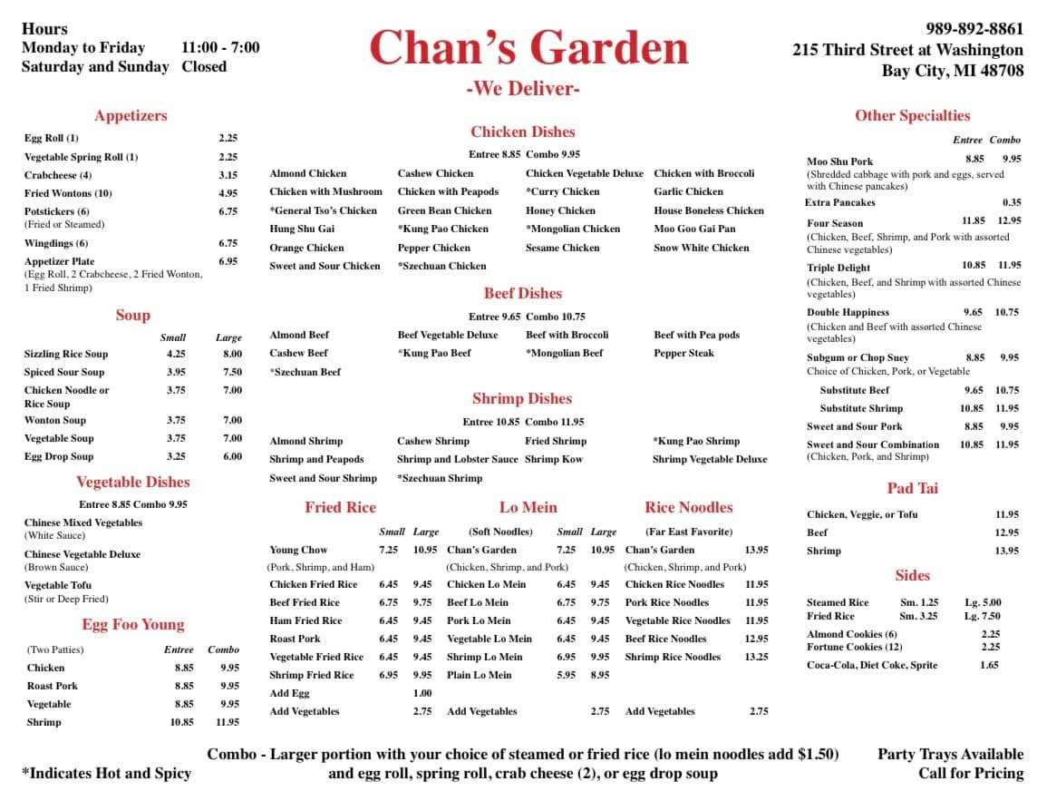Menu at Chan's Garden restaurant, Bay City