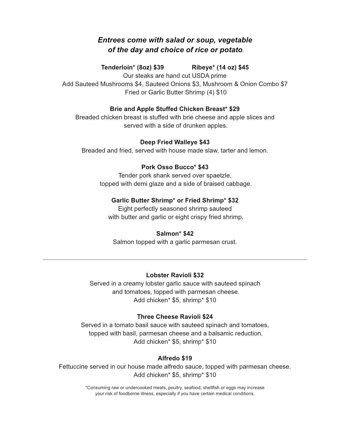 Menu at Chanticleer Inn restaurant, Eagle River