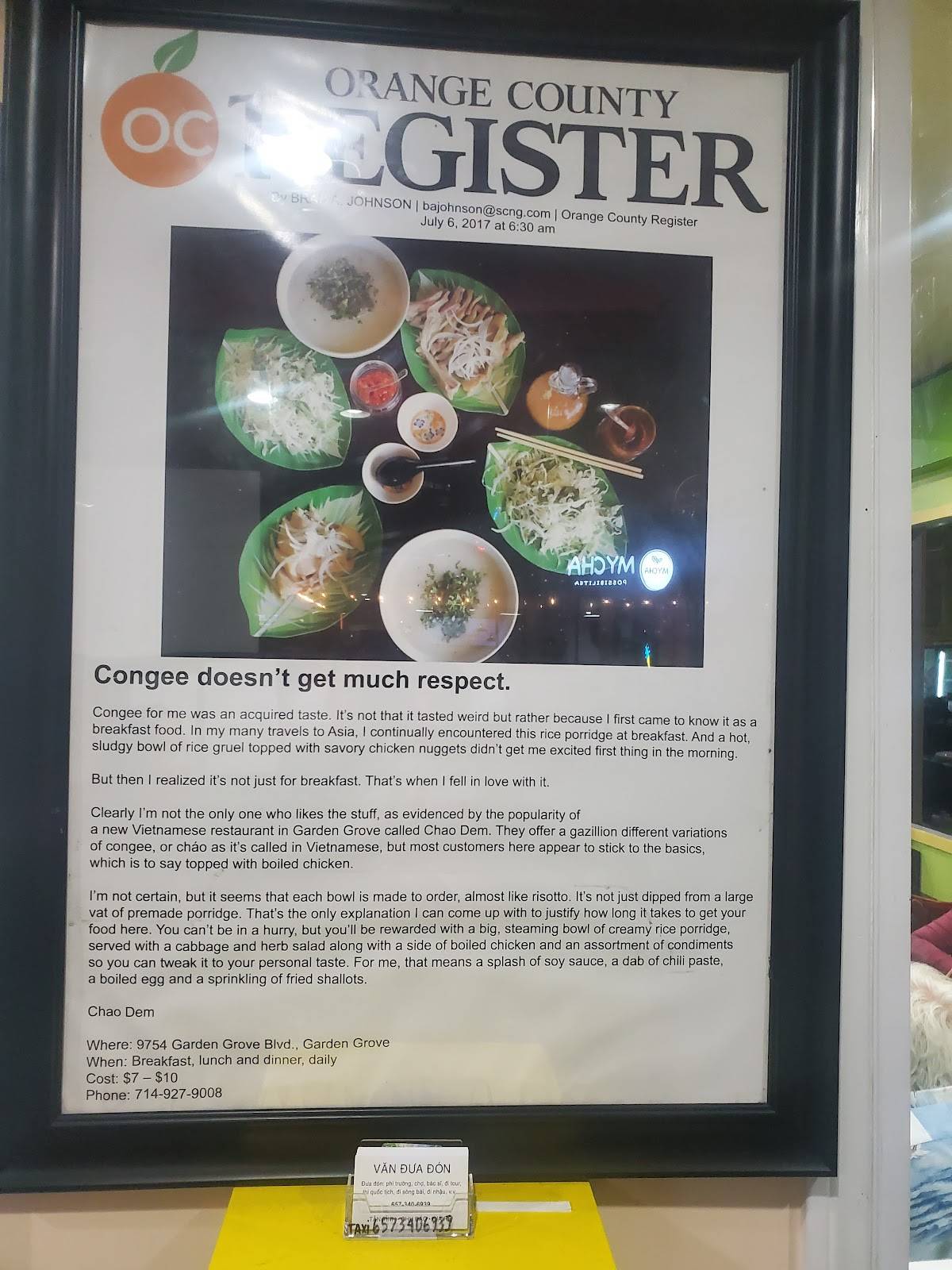 Menu at Cháo Đêm restaurant, Garden Grove