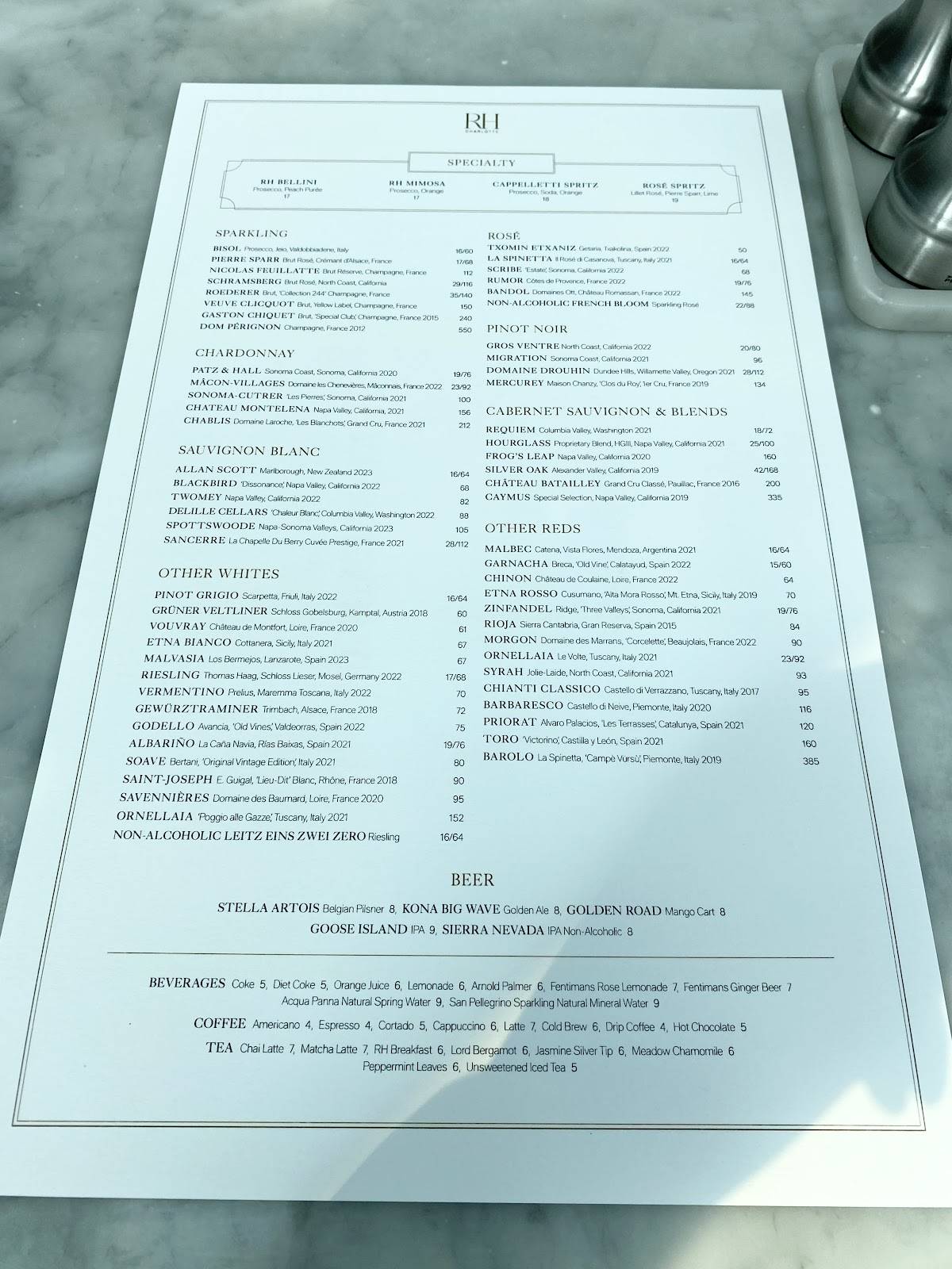 Menu at RH Rooftop Restaurant at RH Charlotte, Charlotte