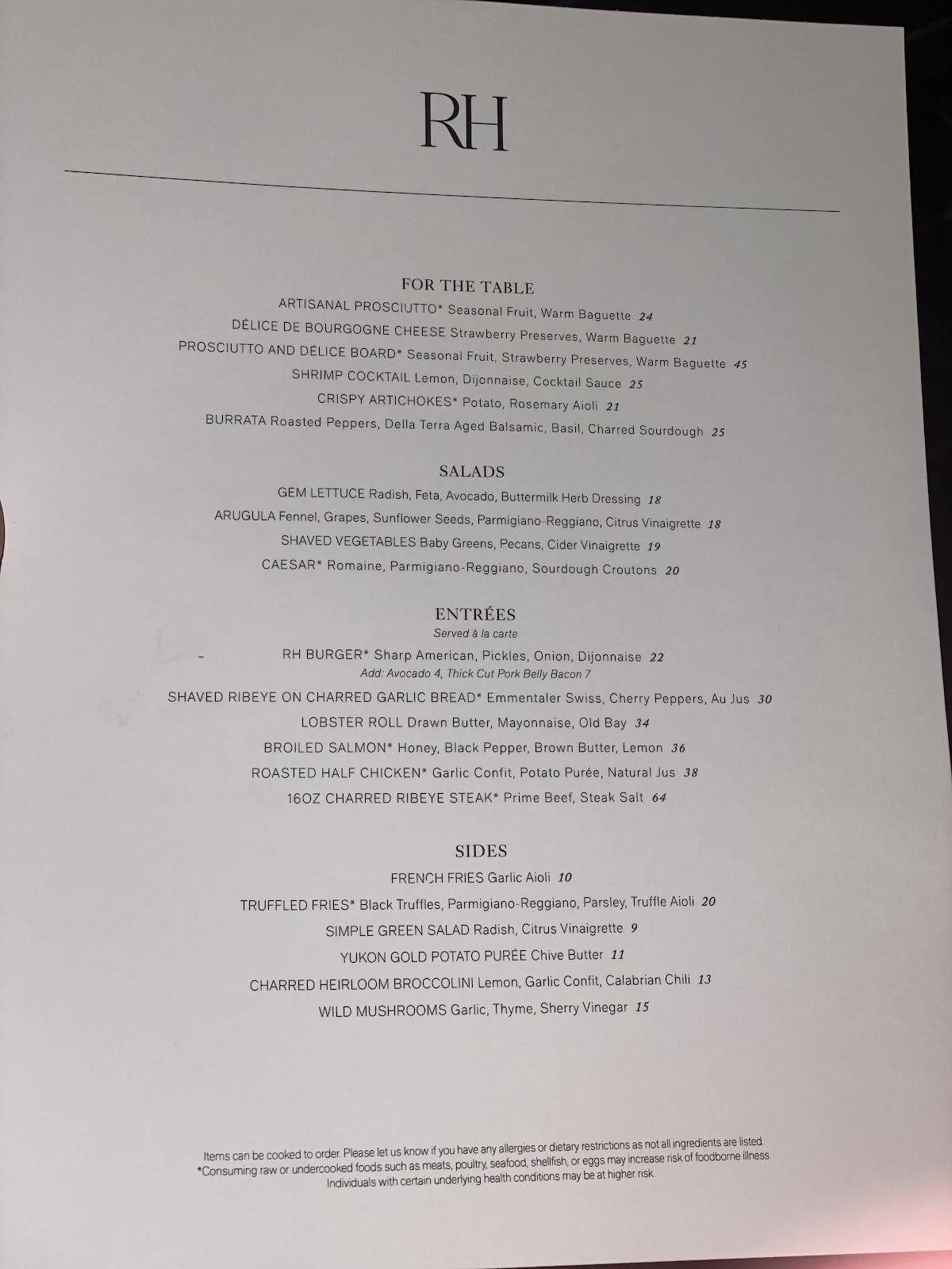 Menu at RH Rooftop Restaurant Charlotte, Charlotte