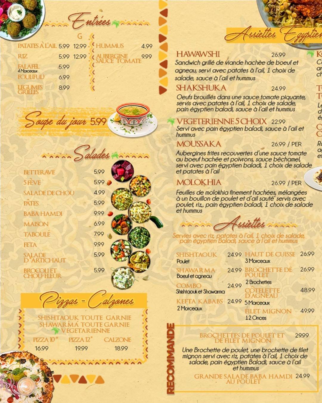 Menu au Baba Hamdi cuisine égyptienne restaurant, Châteauguay