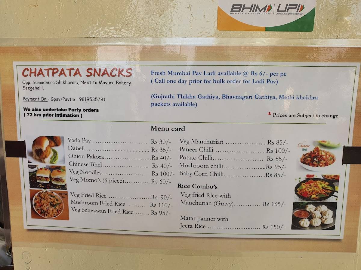 Menu at Chatpata Snacks, Bengaluru