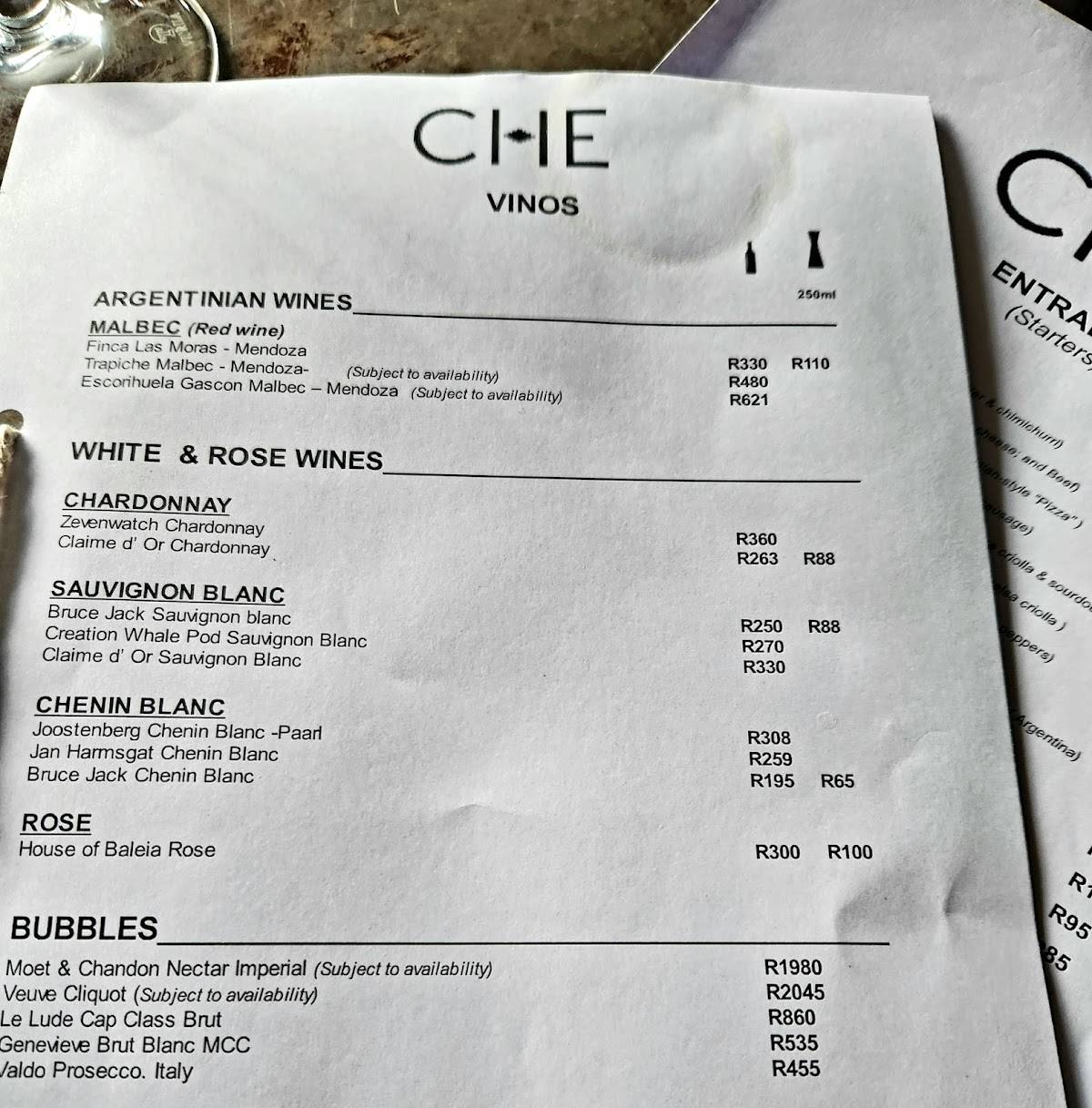 Menu at Che Argentine Grill restaurant, Johannesburg