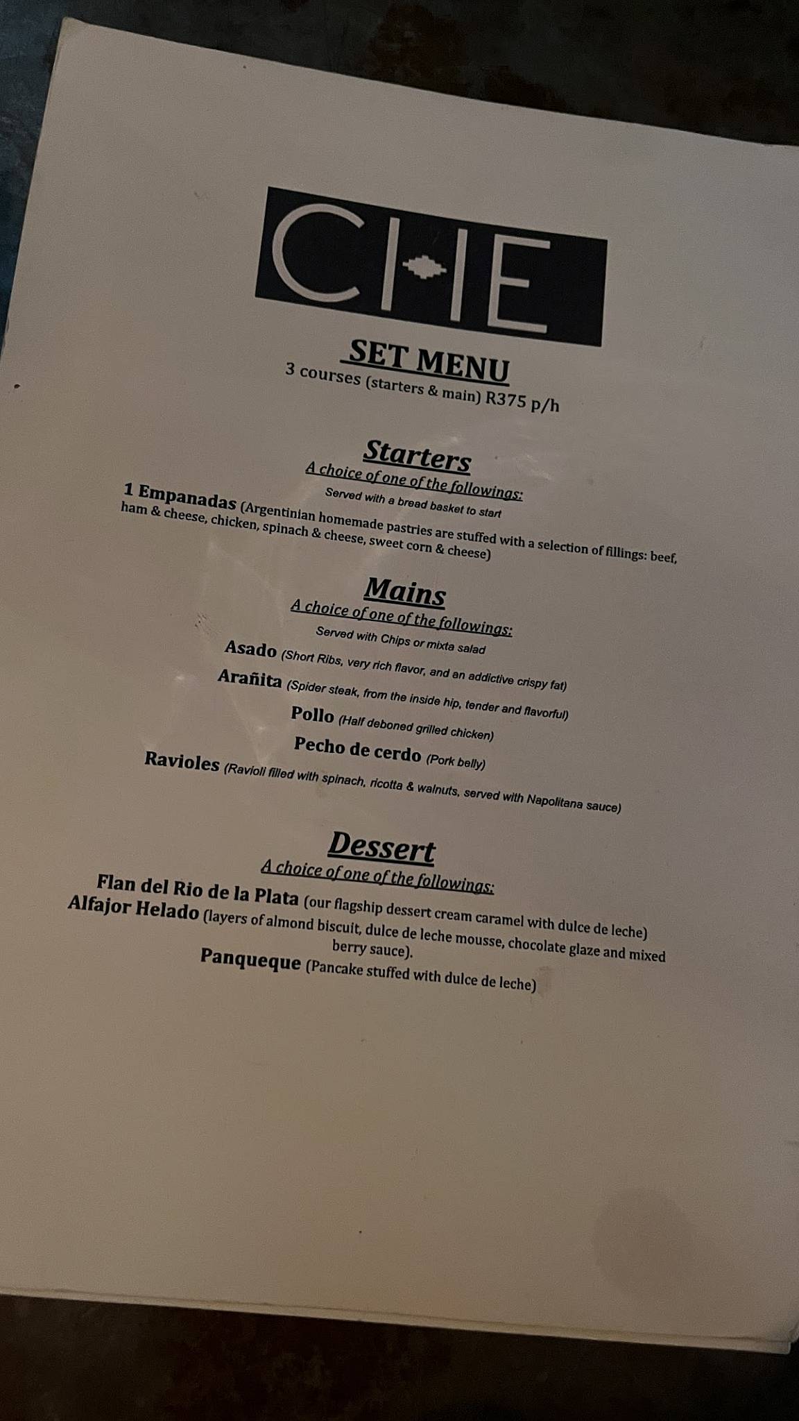 Menu at Che Argentine Grill restaurant, Johannesburg