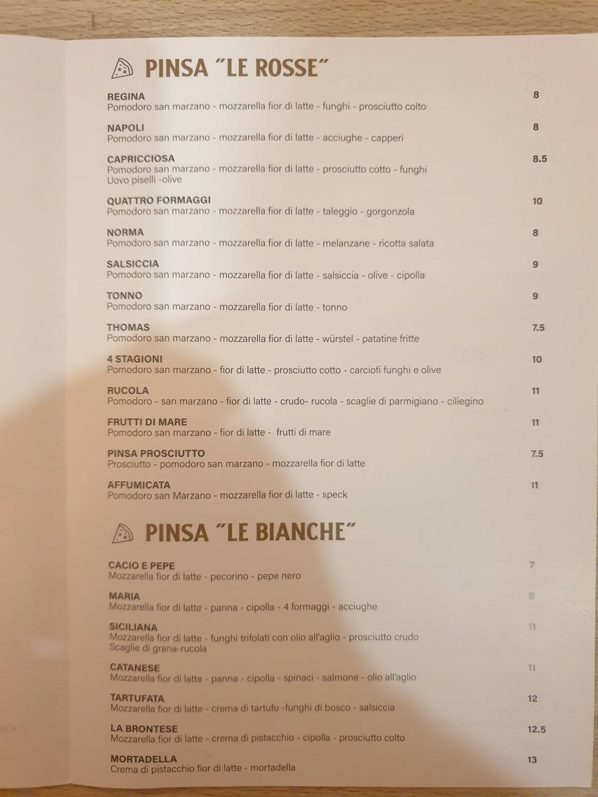 Menu da Che bella pinsa"ta al bar Italia, Giardini Naxos