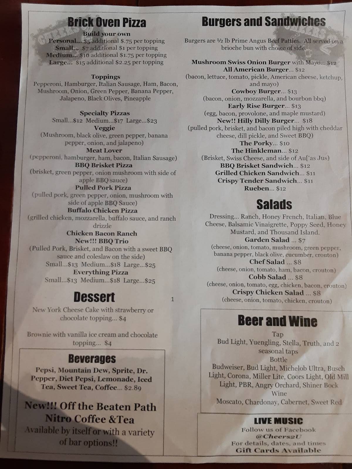 Menu at Cheers 2 U pub & bar, Upper Sandusky