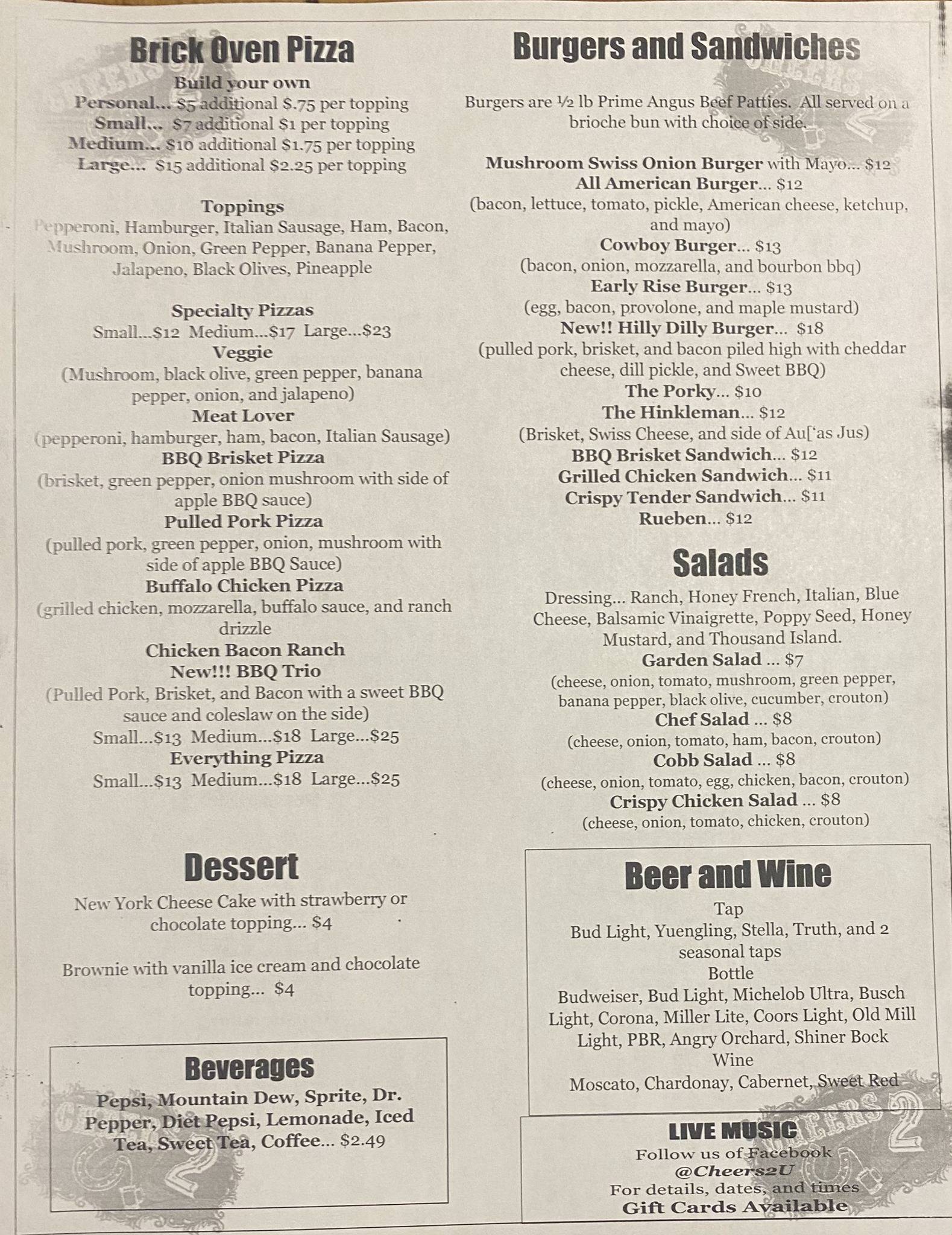 Menu at Cheers 2 U pub & bar, Upper Sandusky