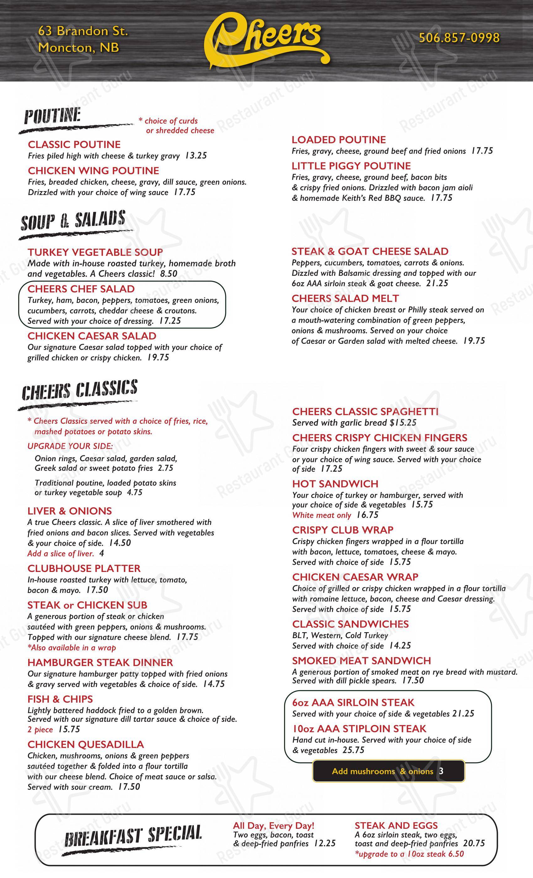 Menu at Cheers Beverage Room & Catering pub & bar, Moncton