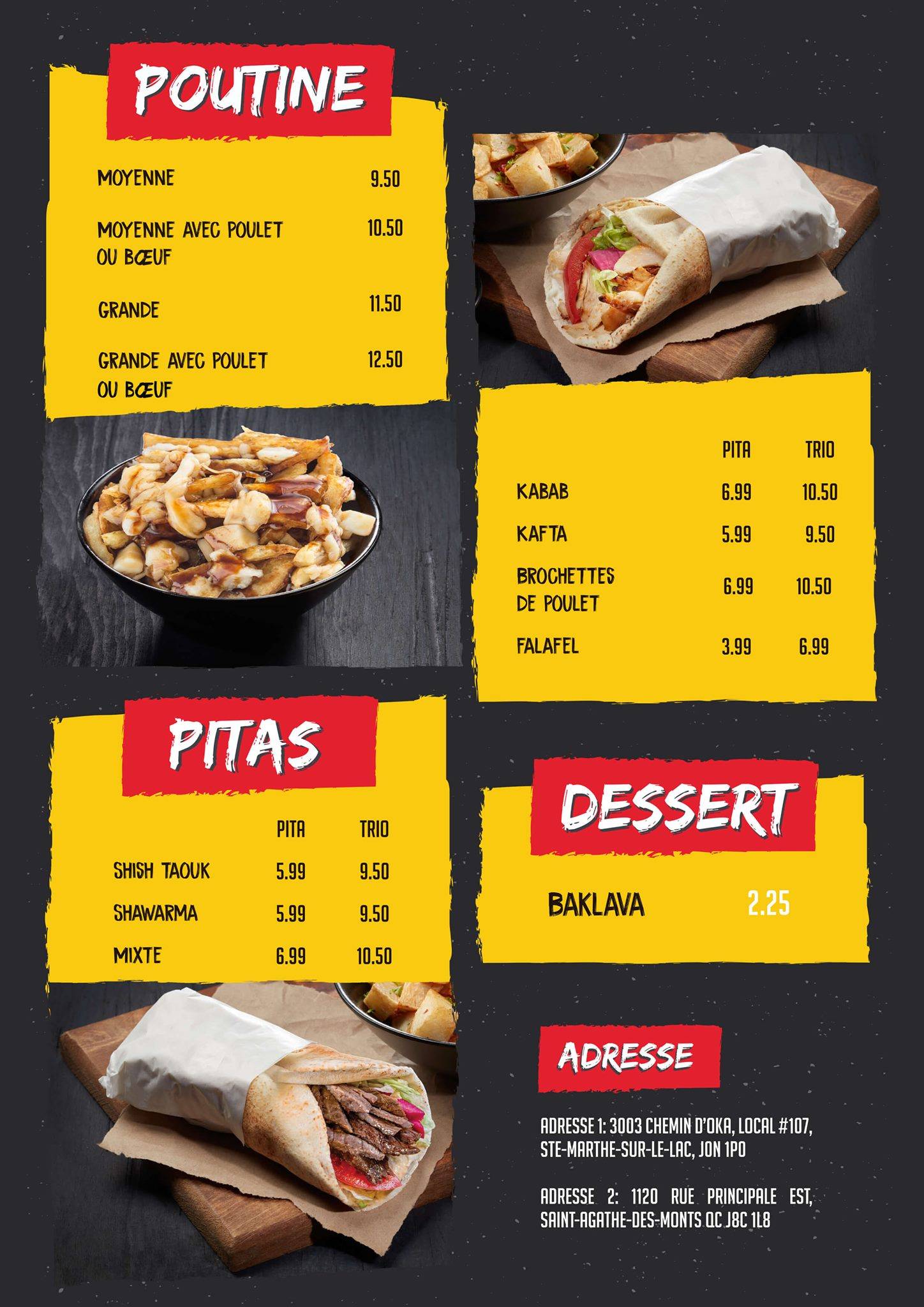 Menu au Chef Taouk restaurant, Sainte-Marthe-sur-le-Lac