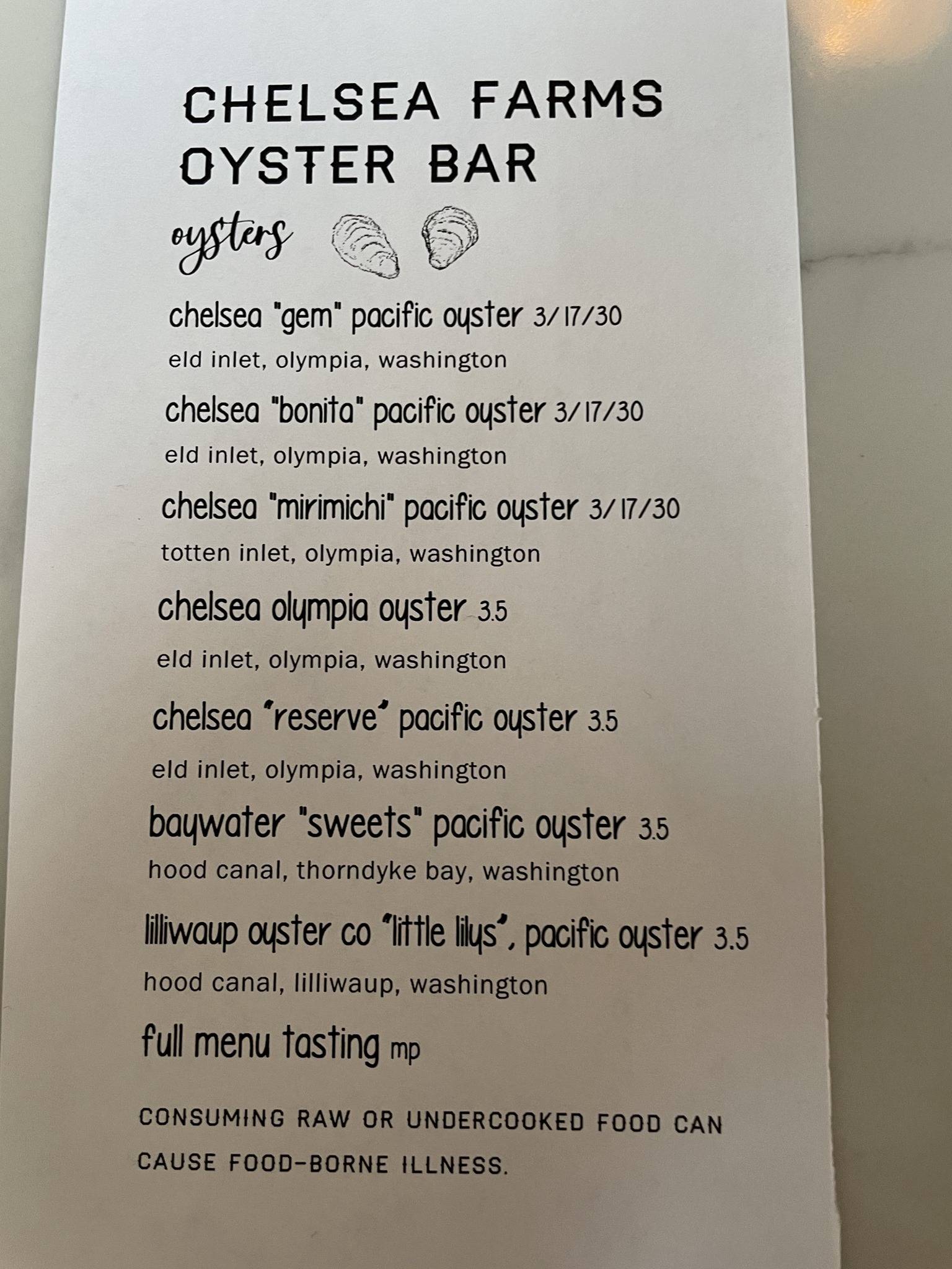 Menu at Chelsea Farms Oyster Bar, Olympia