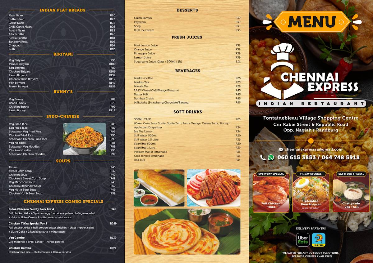 Menu at Chennai Express Indian Restaurant, Randburg