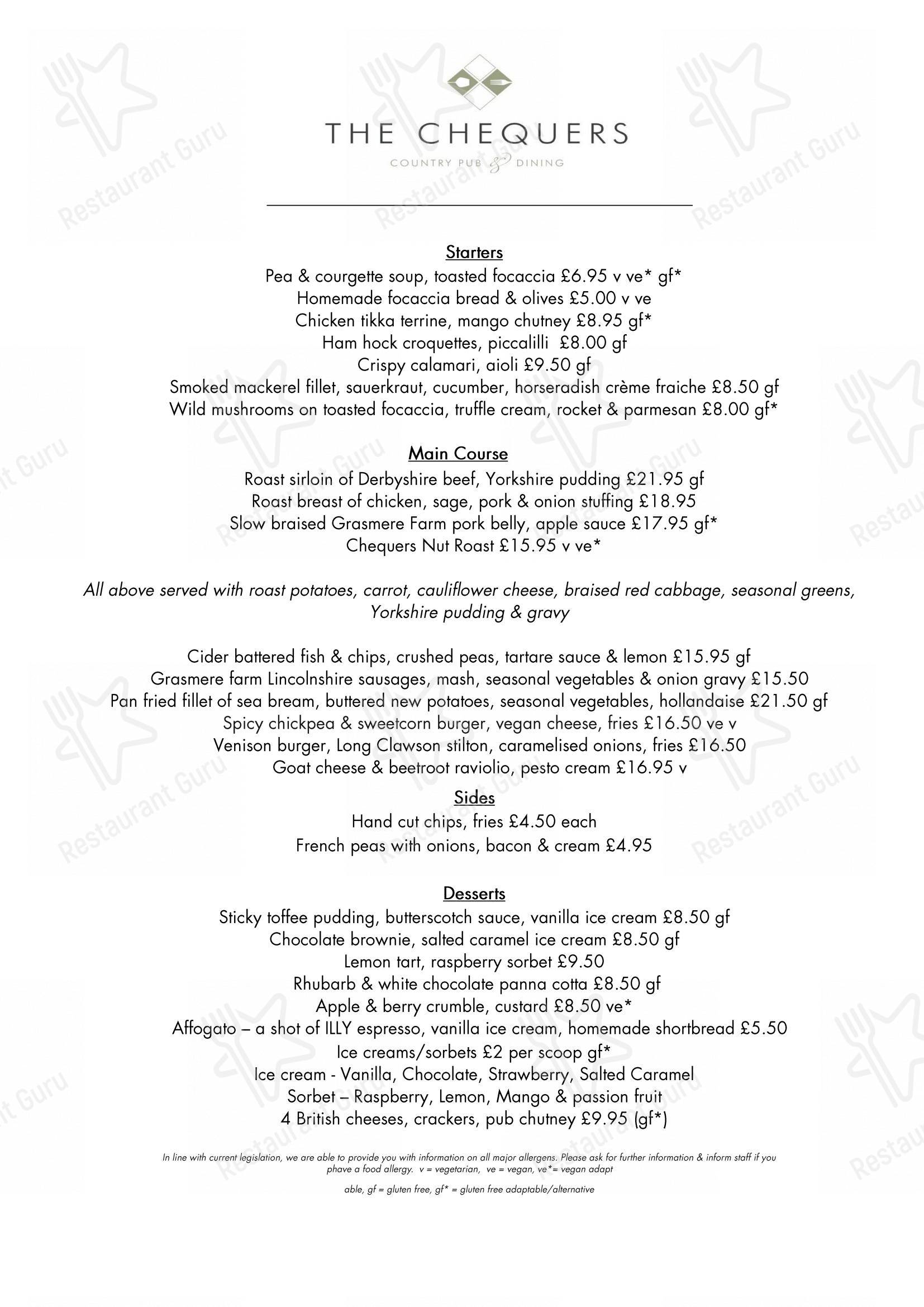Menu at Chequers Inn pub & bar, Woolsthorpe By Belvoir, Main St