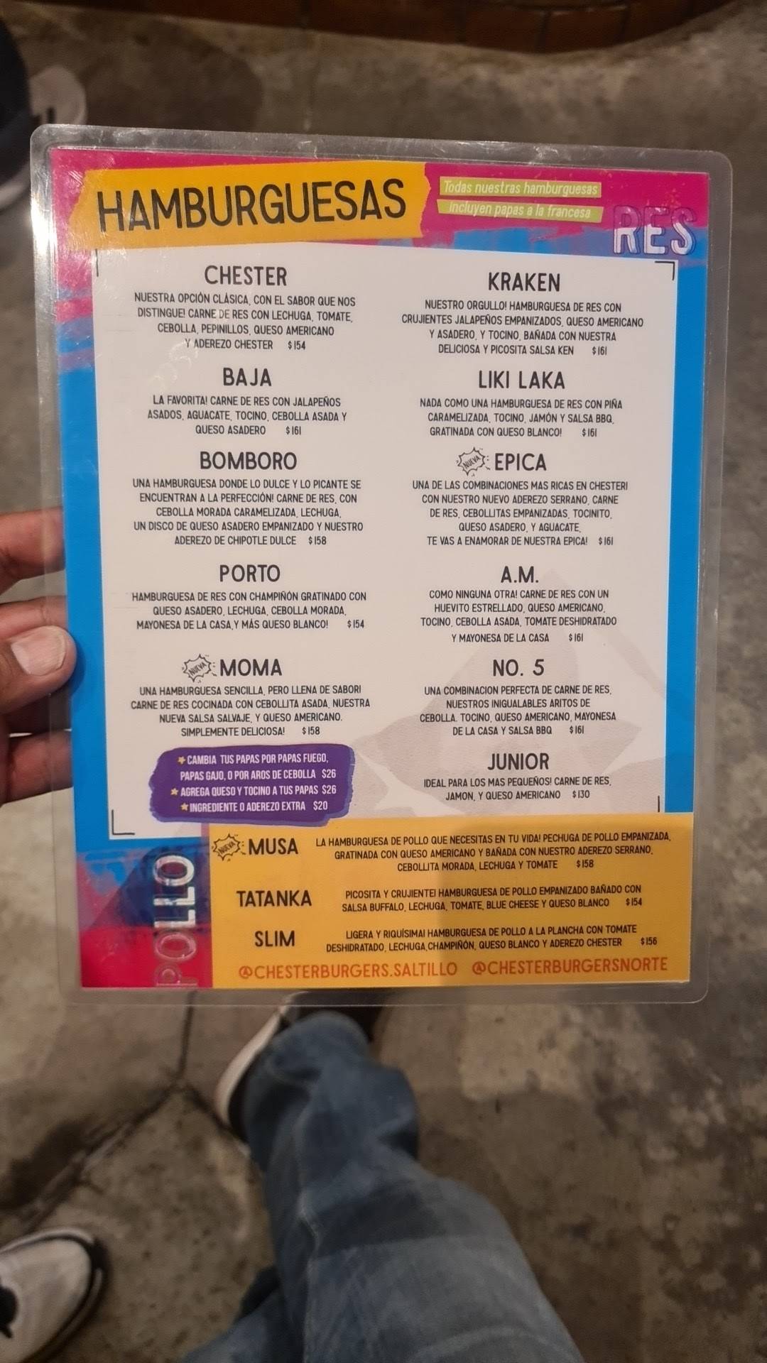 Carta del restaurante Chester Burgers, Saltillo, Blvd. Emilio Arizpe ...