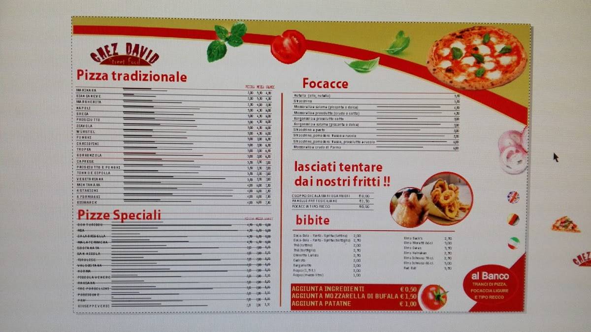 Speisekarte von Chez David pizzeria street food, Alassio