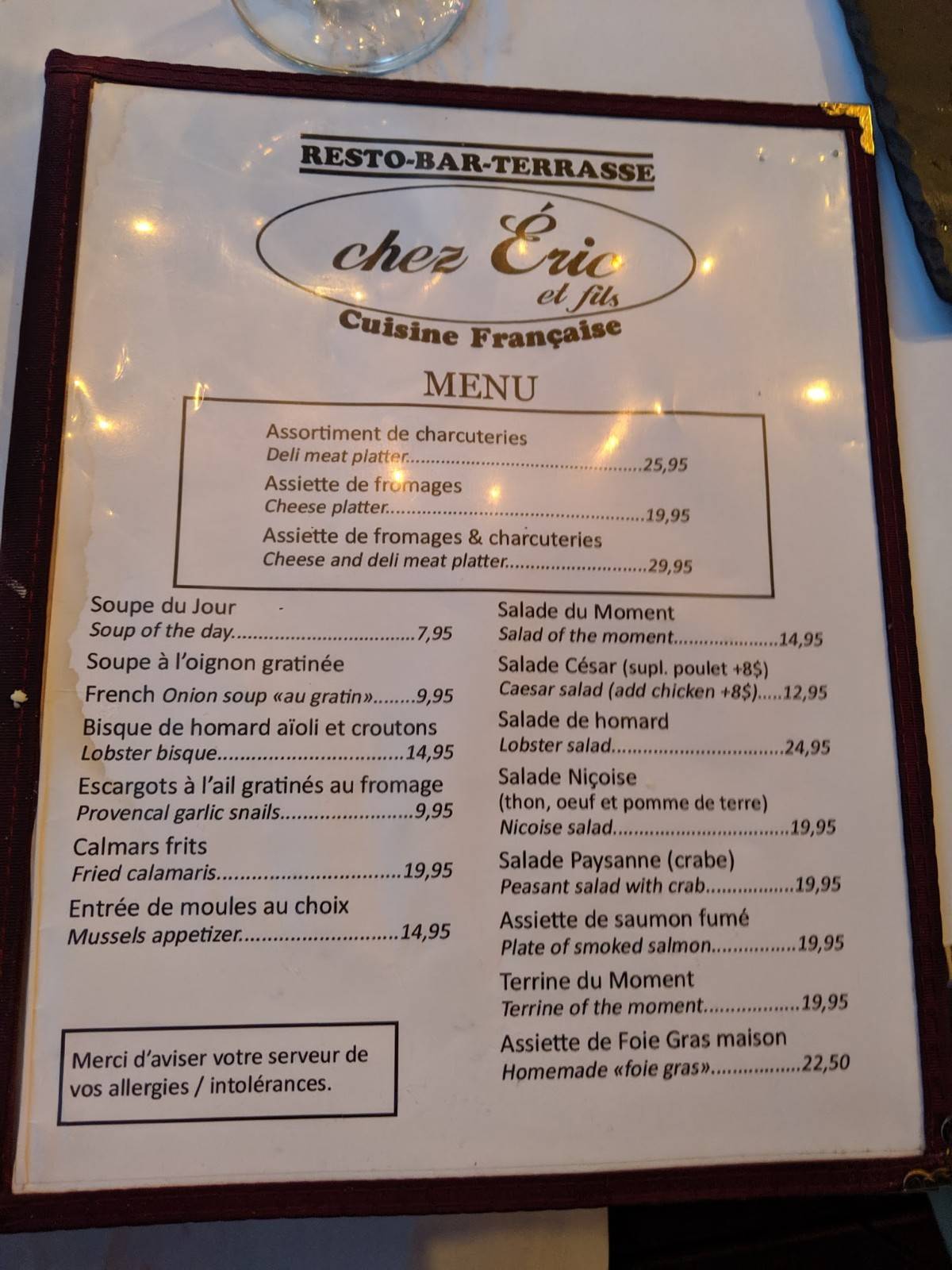 Menu au Définitivement fermé - Chez Eric restaurant, Montréal