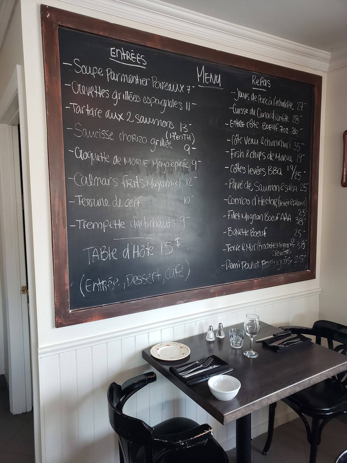 Menu au Chez Hector restaurant, Canada