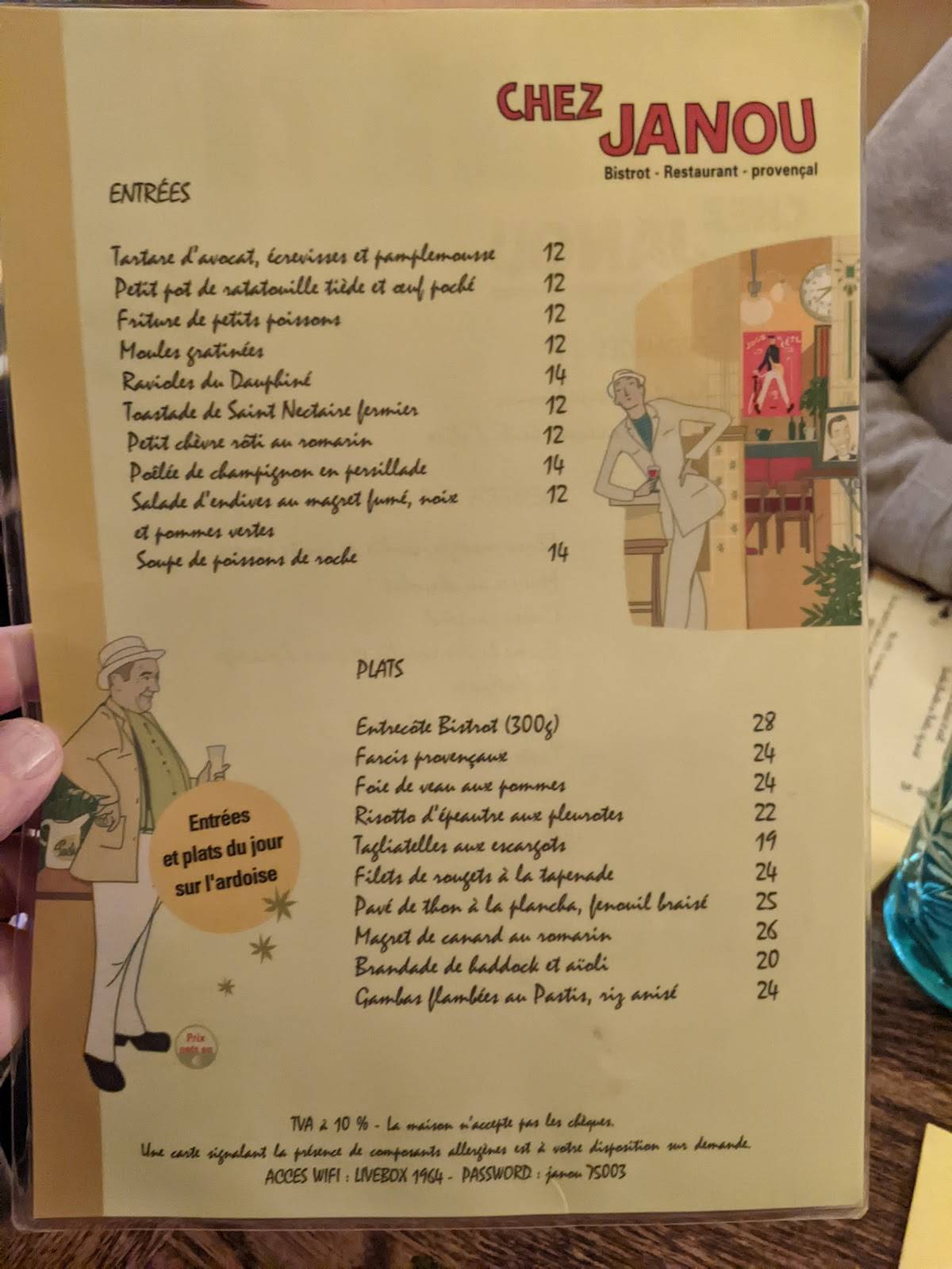 Menu at Chez Janou restaurant, Paris, 2 Rue Roger Verlomme