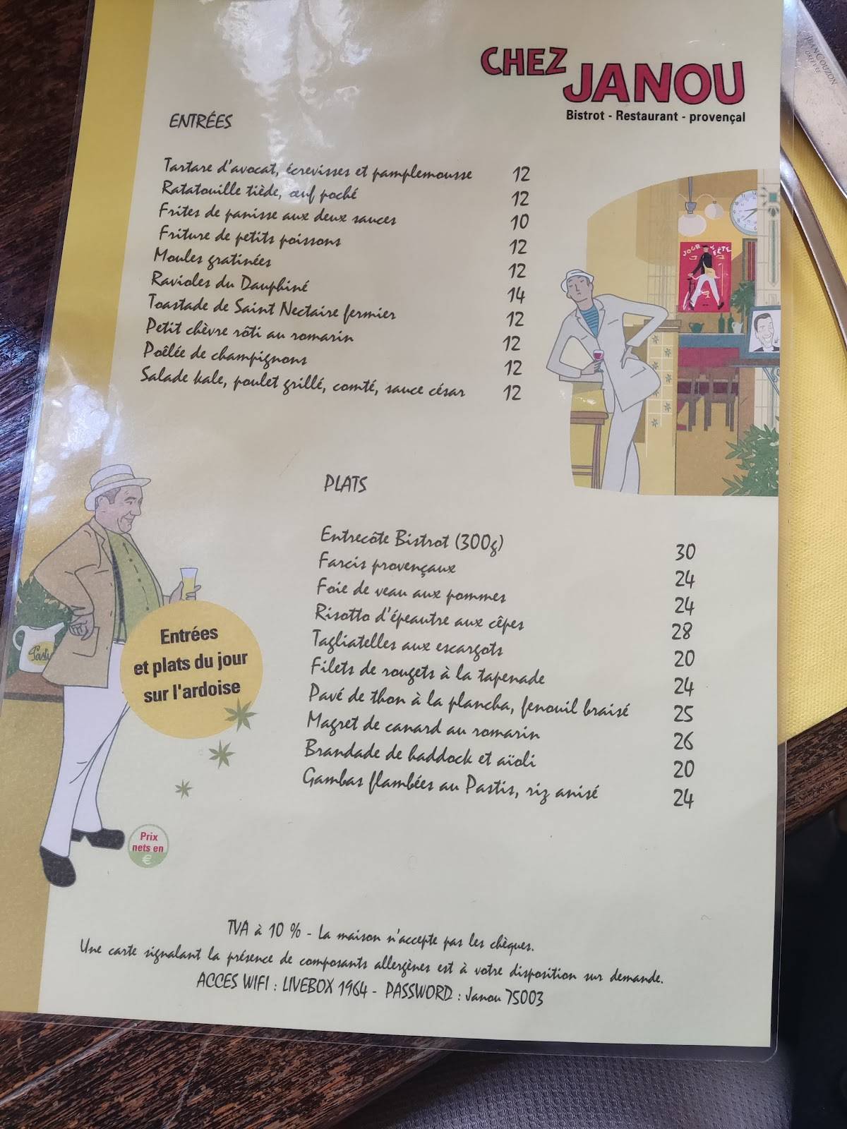 Menu at Chez Janou restaurant, Paris, 2 Rue Roger Verlomme