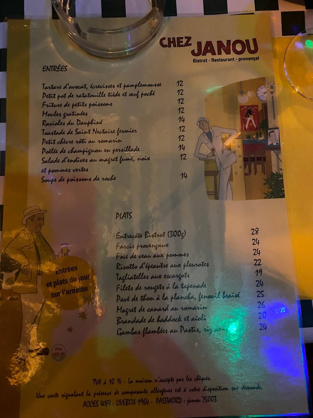 Menu at Chez Janou restaurant, Paris, 2 Rue Roger Verlomme