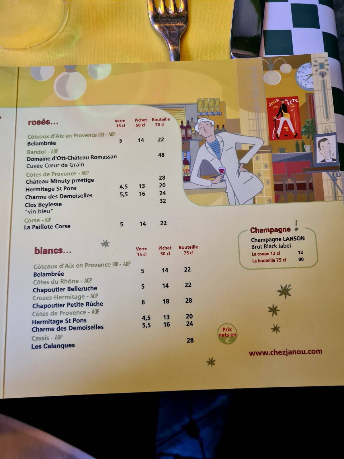Menu at Chez Janou restaurant, Paris, 2 Rue Roger Verlomme