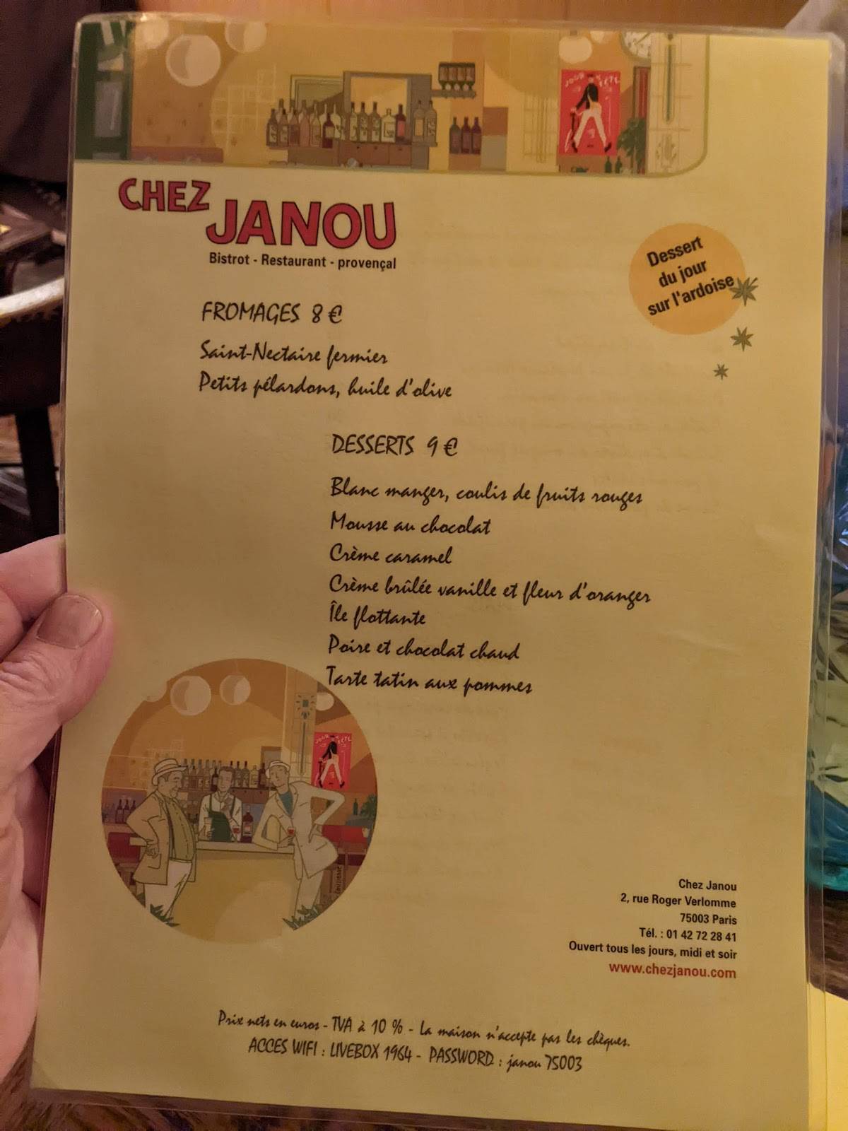 Menu at Chez Janou restaurant, Paris, 2 Rue Roger Verlomme