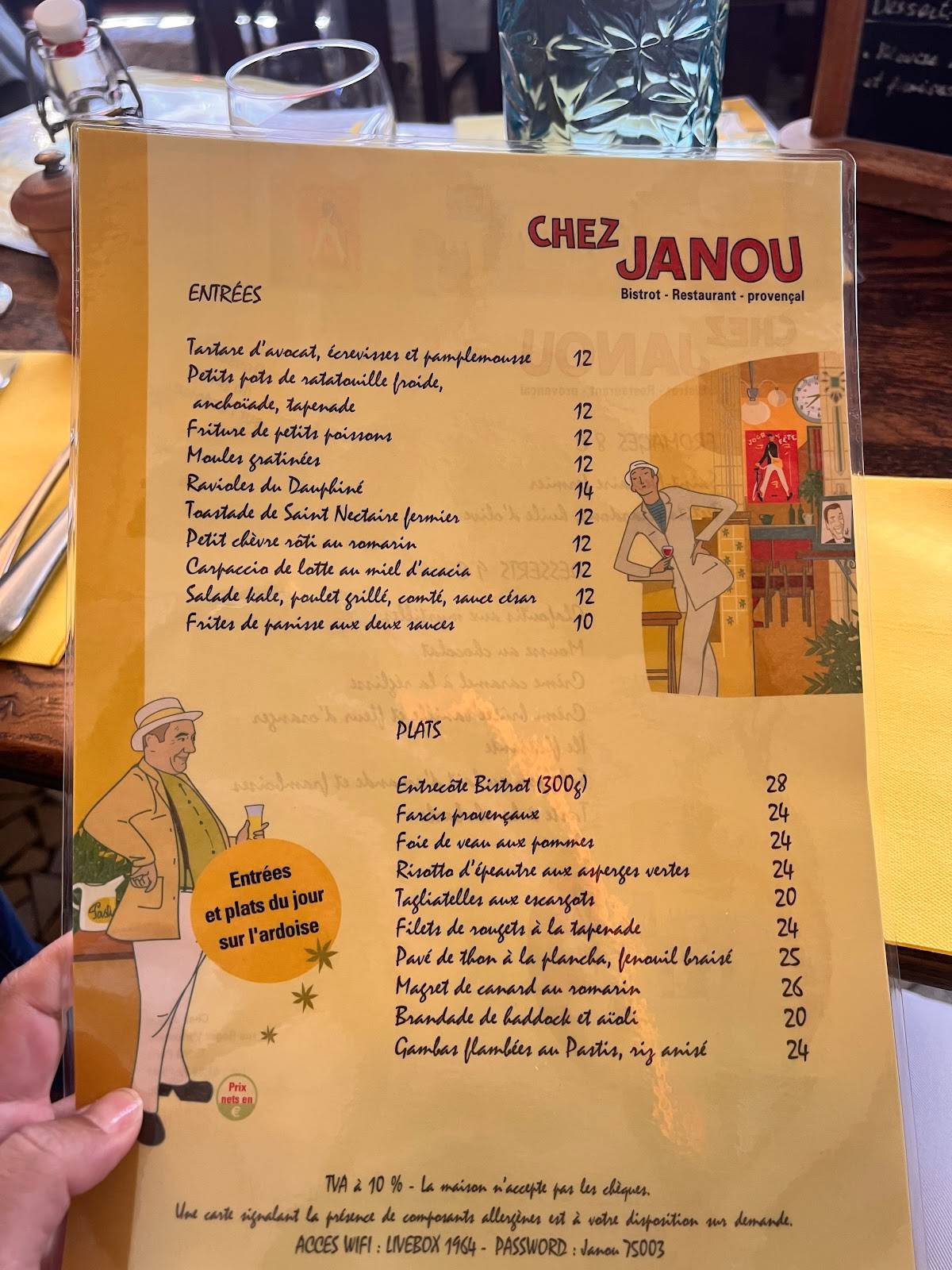 Menu at Chez Janou restaurant, Paris, 2 Rue Roger Verlomme