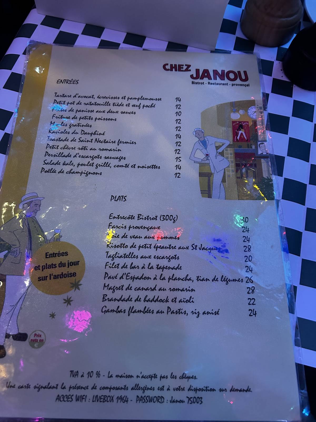 Menu at Chez Janou restaurant, Paris, 2 Rue Roger Verlomme