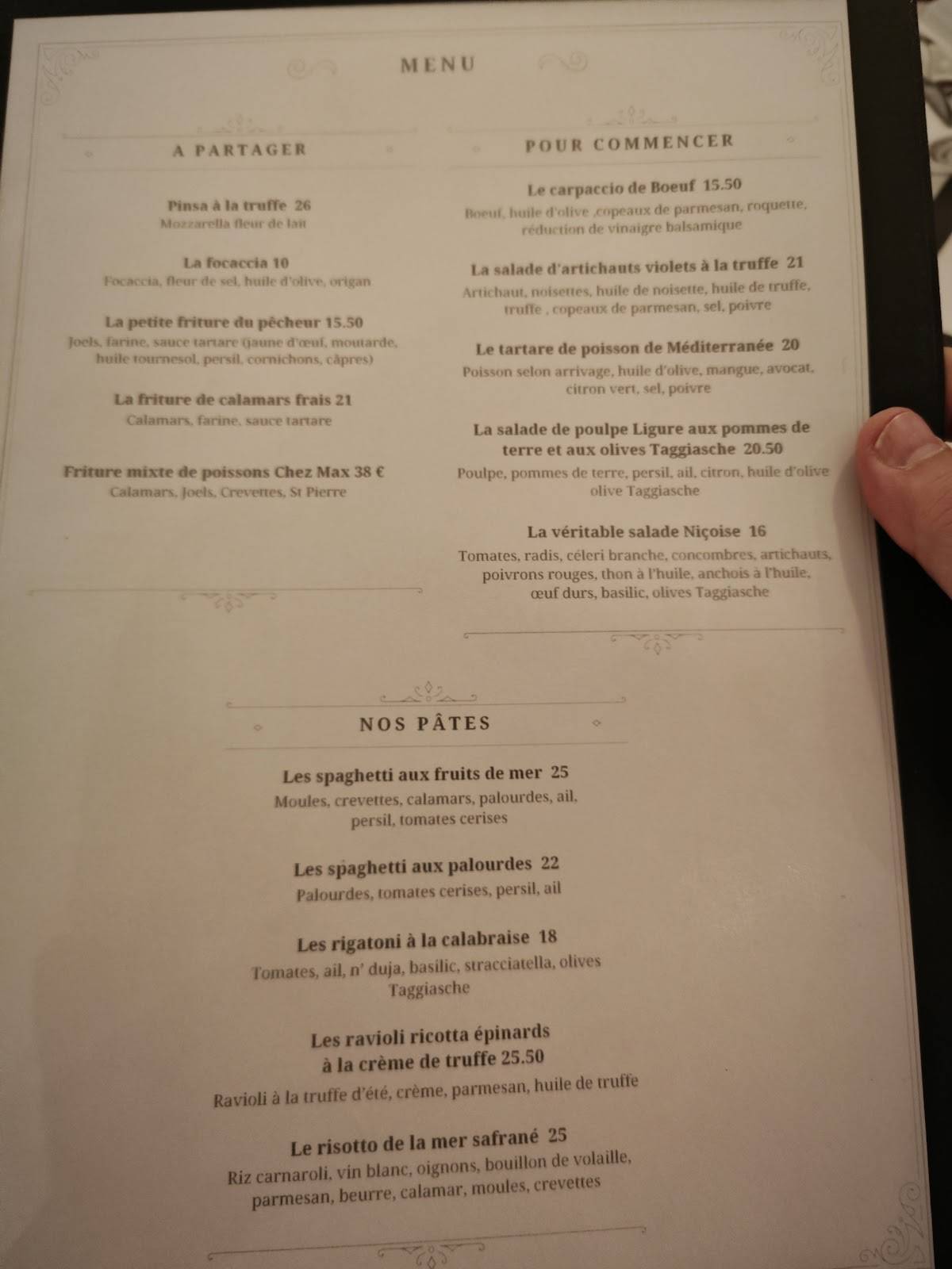 Menu au Chez Max restaurant, Nice