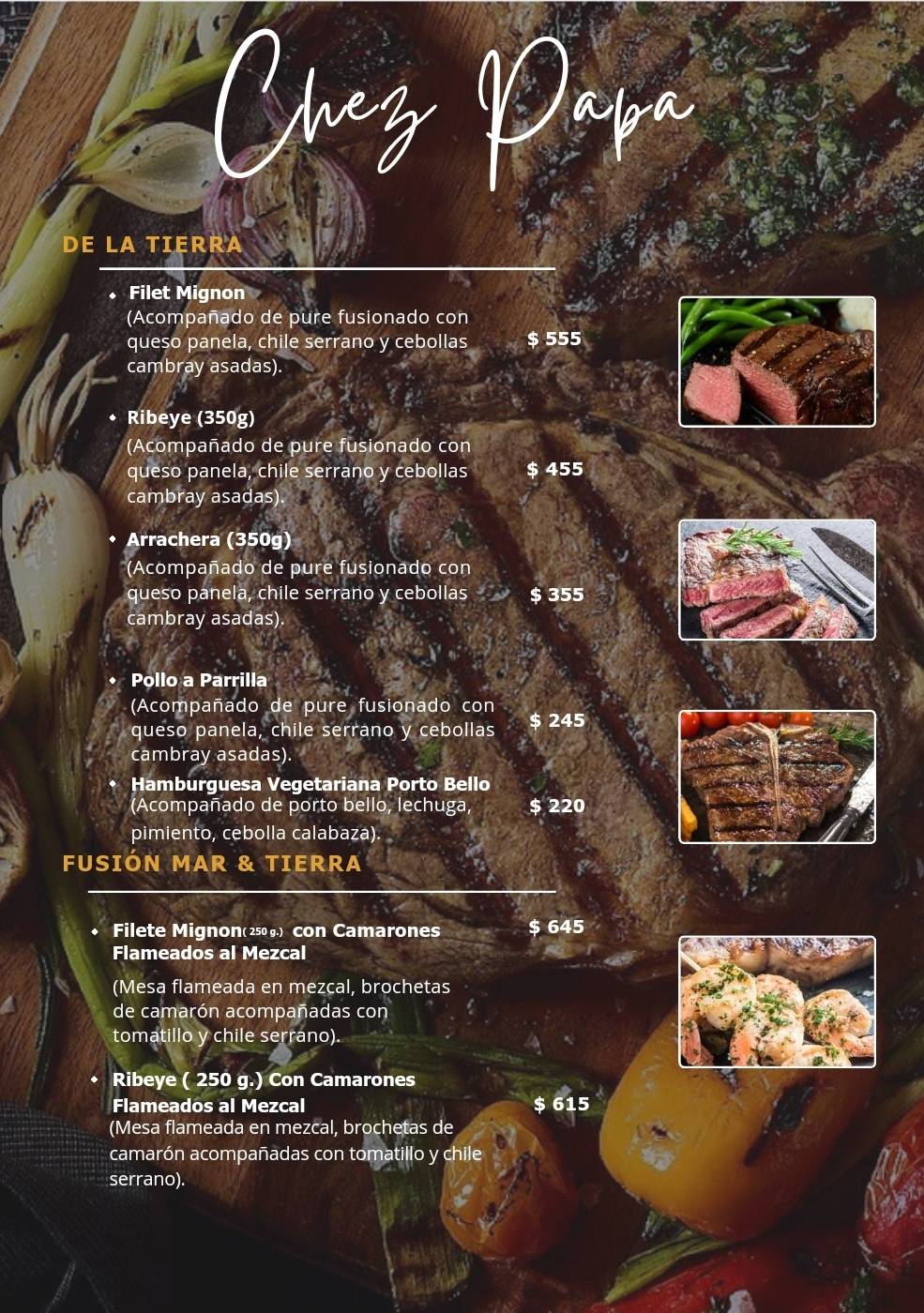 Menu at Chez Papa restaurant, Playa del Carmen