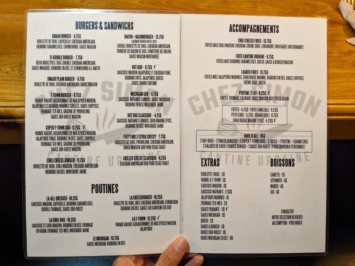Menu au Chez Simon Cantine Urbaine fast food, Montréal