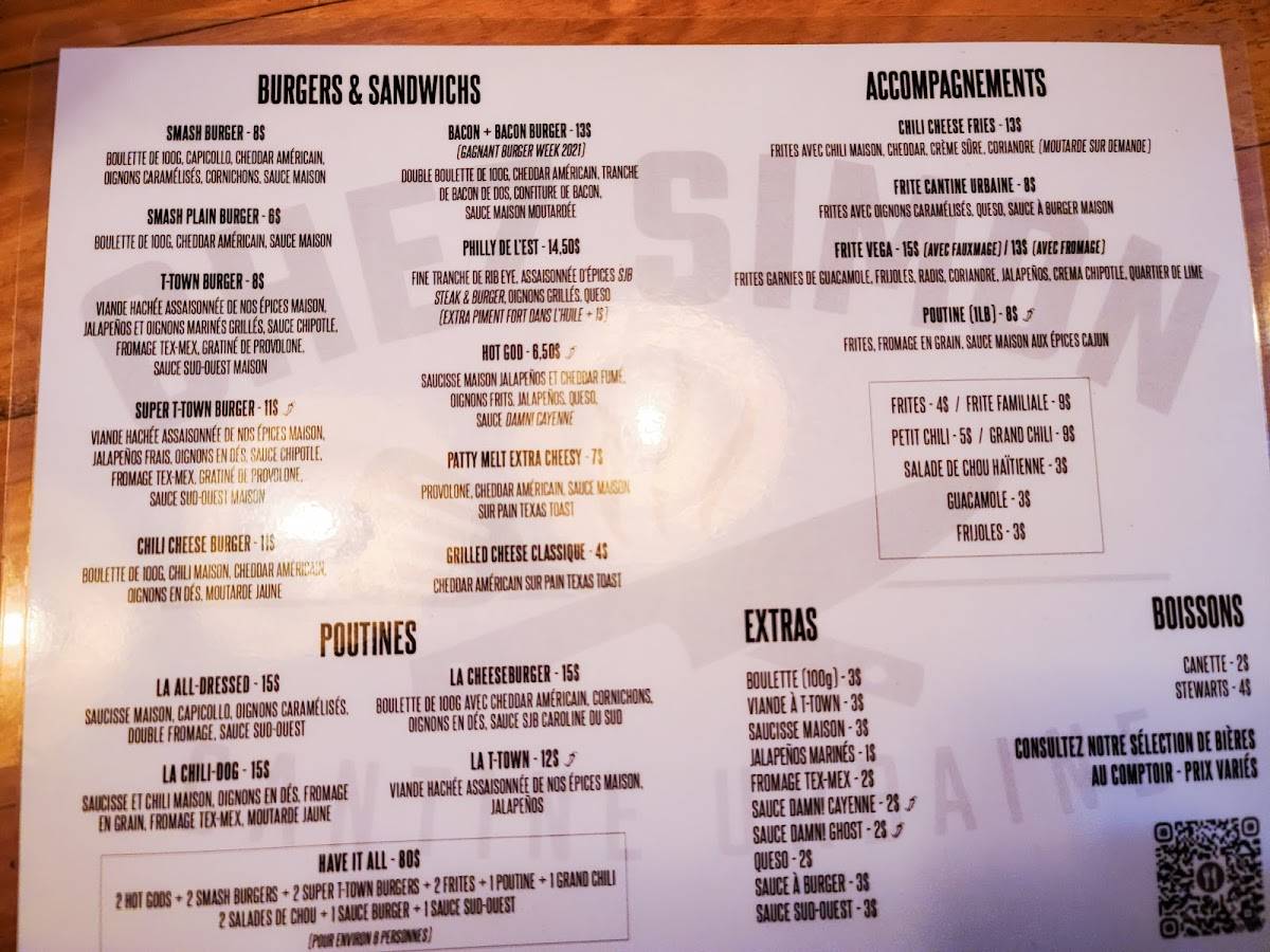 Menu au Chez Simon Cantine Urbaine fast food, Montréal