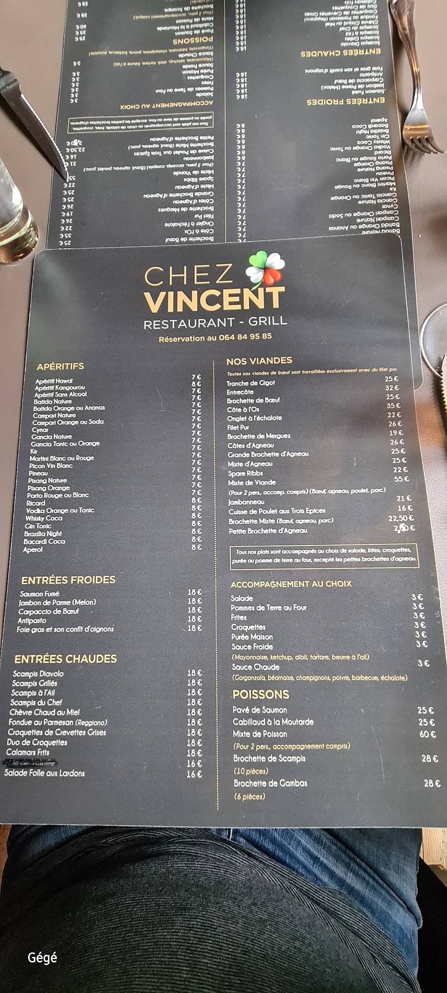 Menu au Chez Vincent restaurant, Manage