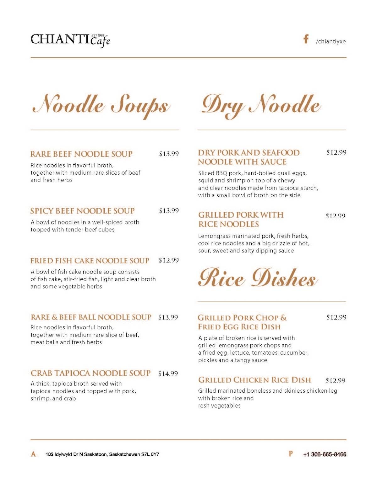Menu at Chianti Cafe & Restaurant, Saskatoon