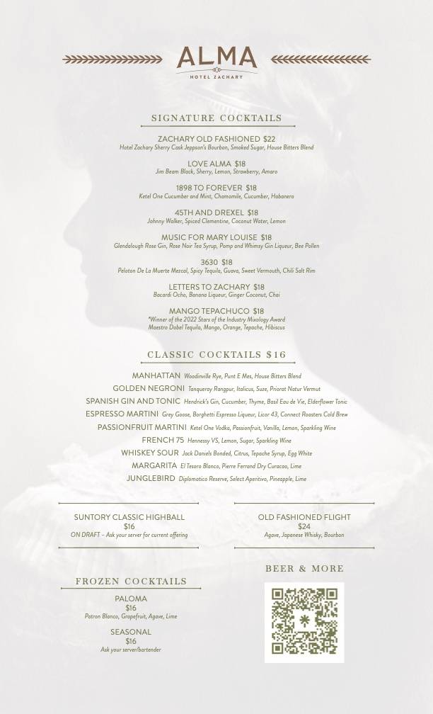 Menu at Alma pub & bar, Chicago