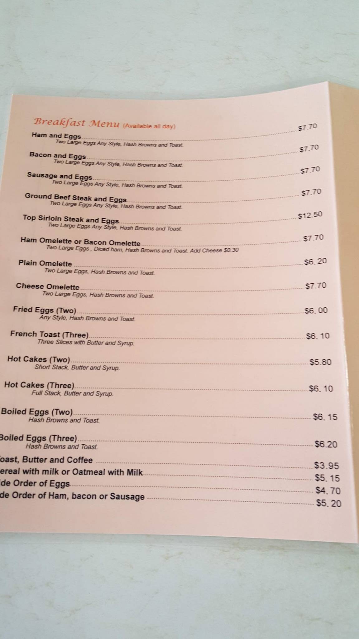 Menu at Chicago Café restaurant, Woodland