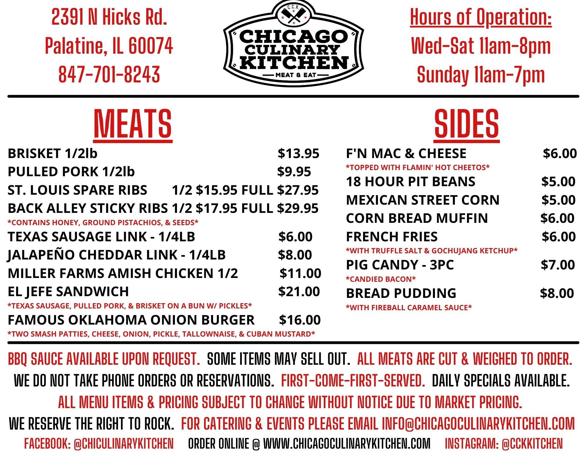 Menu at CHICAGO CULINARY KITCHEN restaurant, Palatine, 769 N Quentin Rd