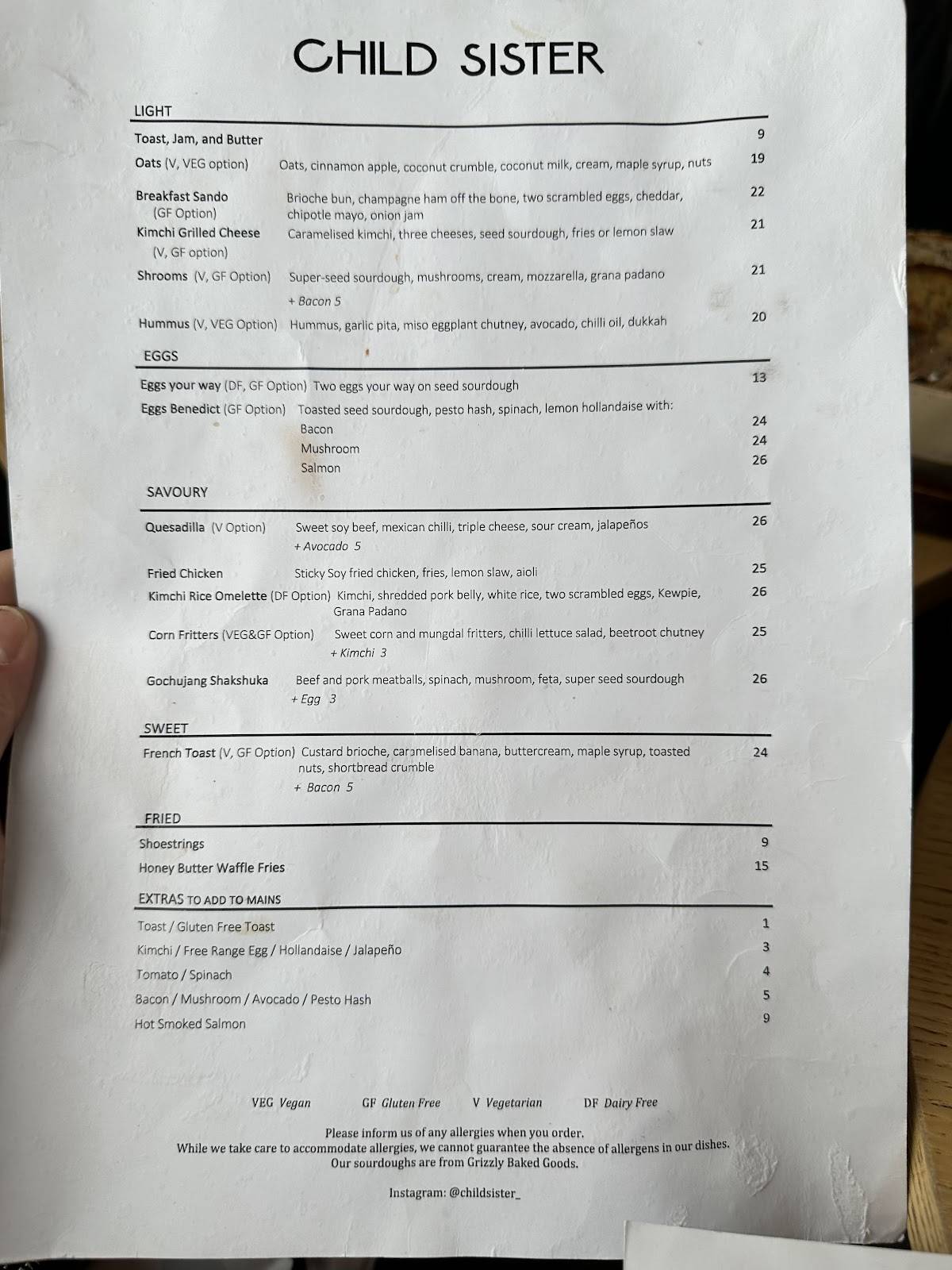 Menu at Child Sister cafe, Christchurch