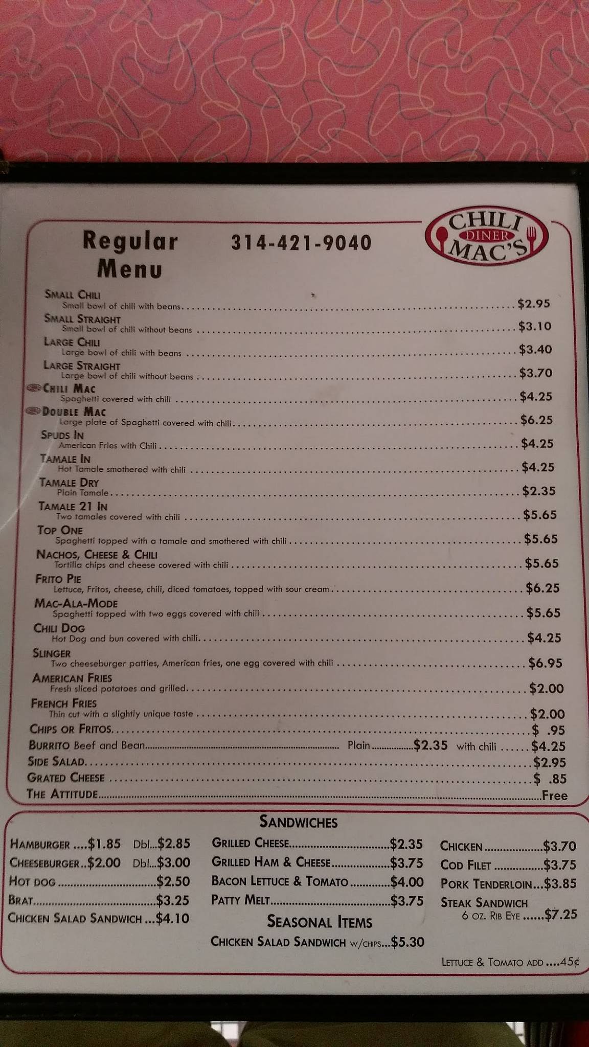 Menu at Chili Mac's Diner restaurant, St. Louis, 510 Pine St