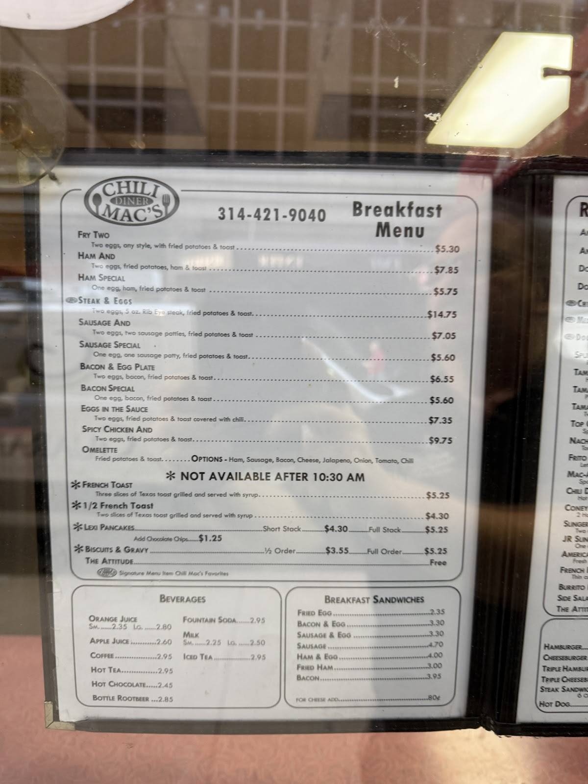 Menu at Chili Mac's Diner restaurant, St. Louis, 510 Pine St
