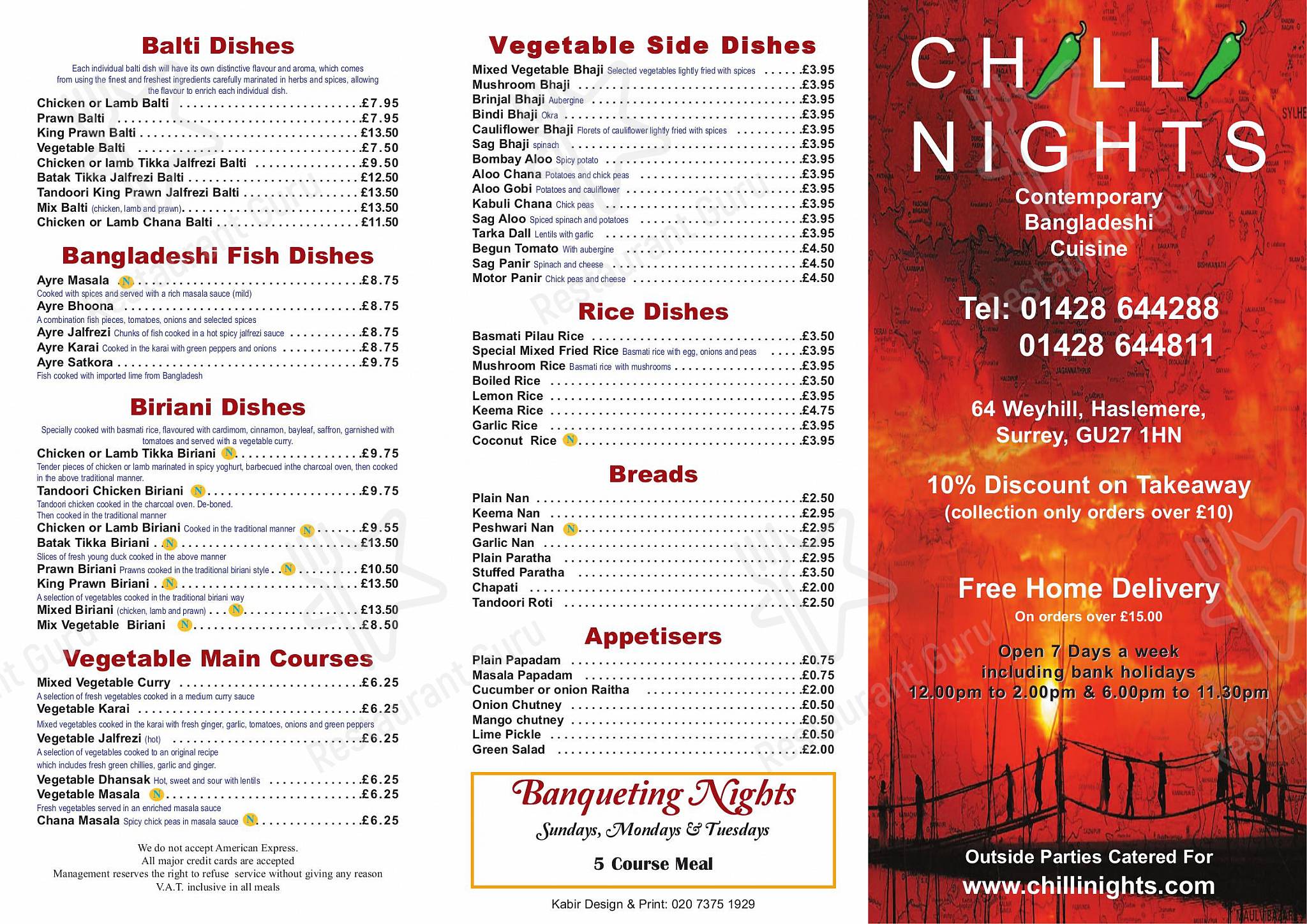 Menu at Chilli Nights restaurant, Haslemere