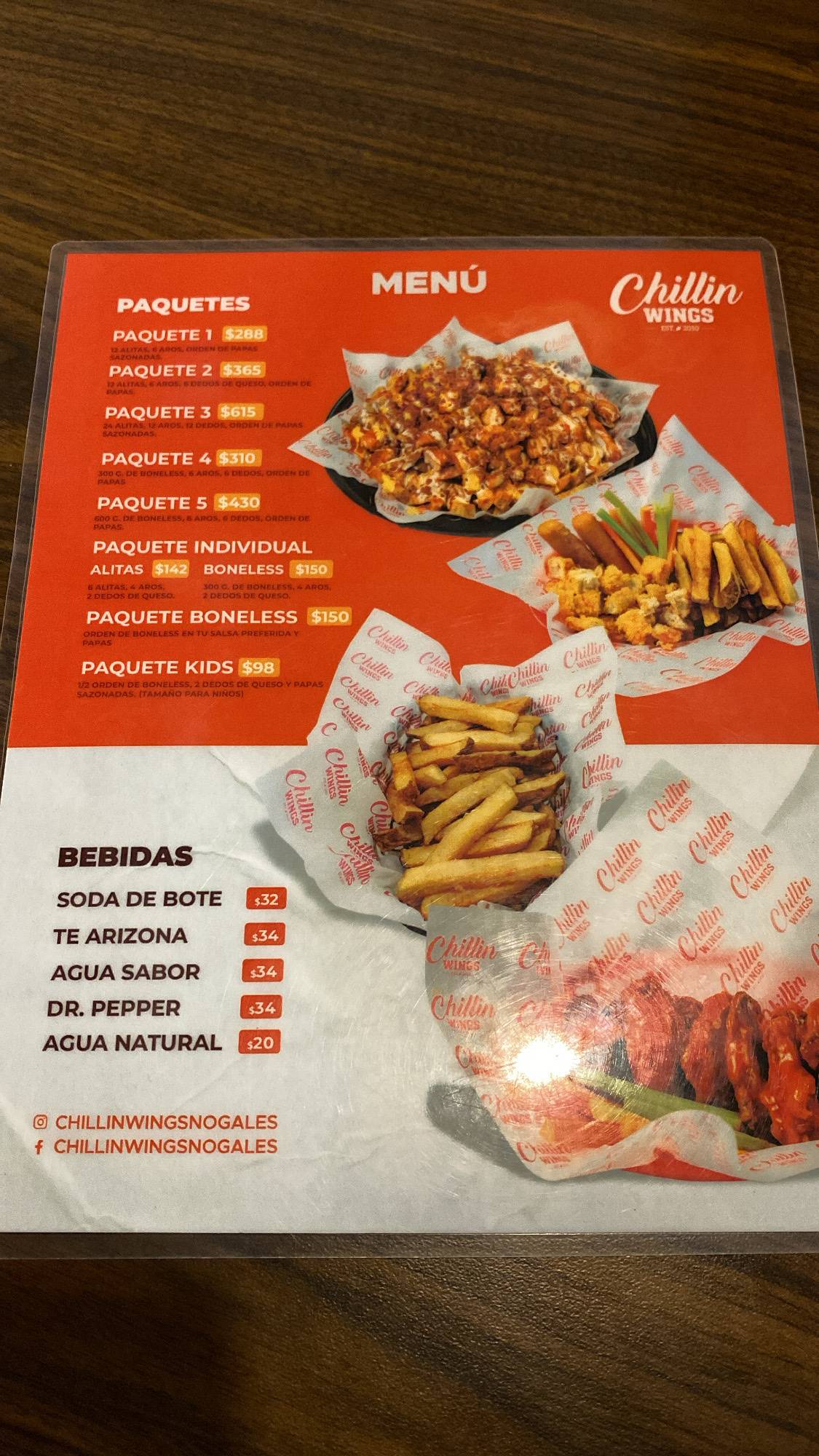 Menu at Chillin Wings restaurant, Nogales, Navojoa 615 Granja y