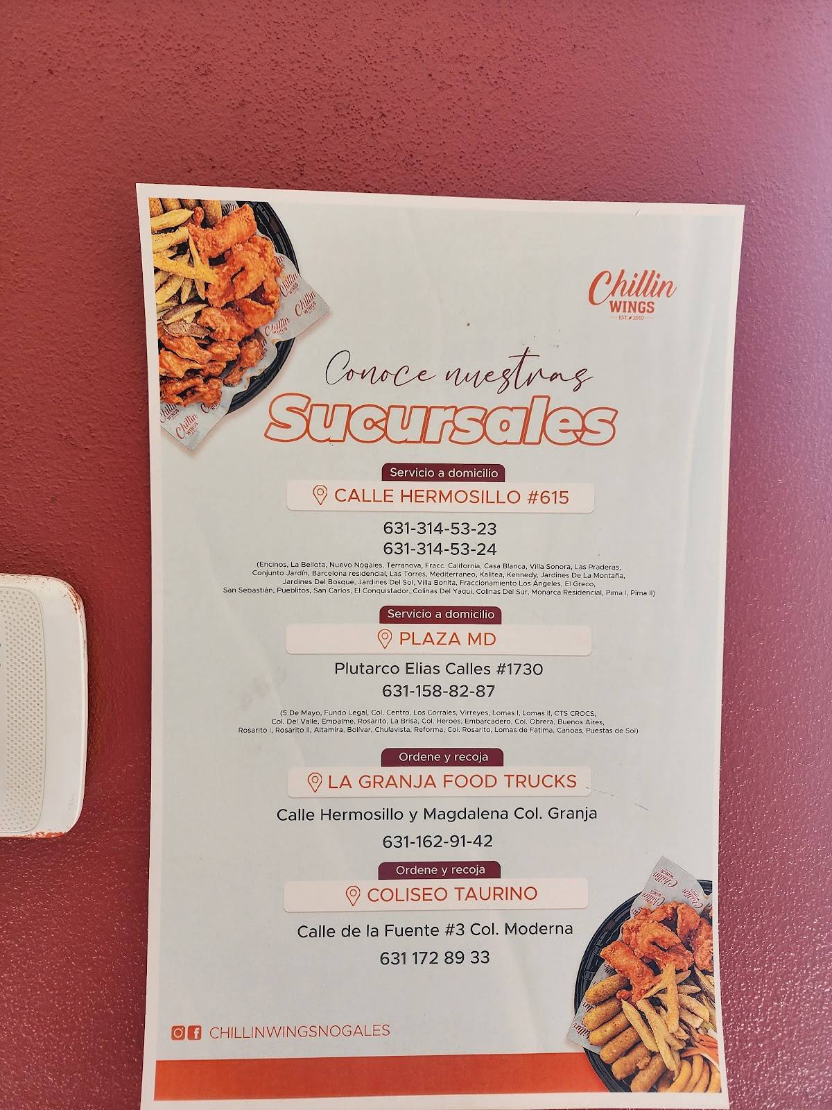 Menu at Chillin Wings restaurant, Nogales, Navojoa 615 Granja y