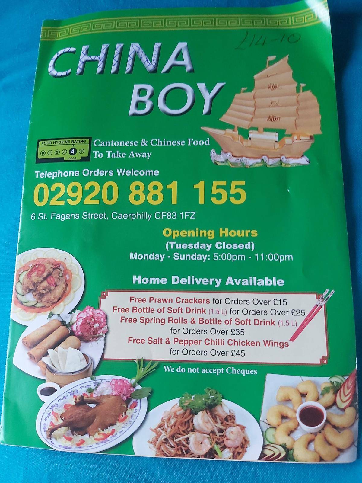 Menu at China Boy Takeaway restaurant, Caerphilly