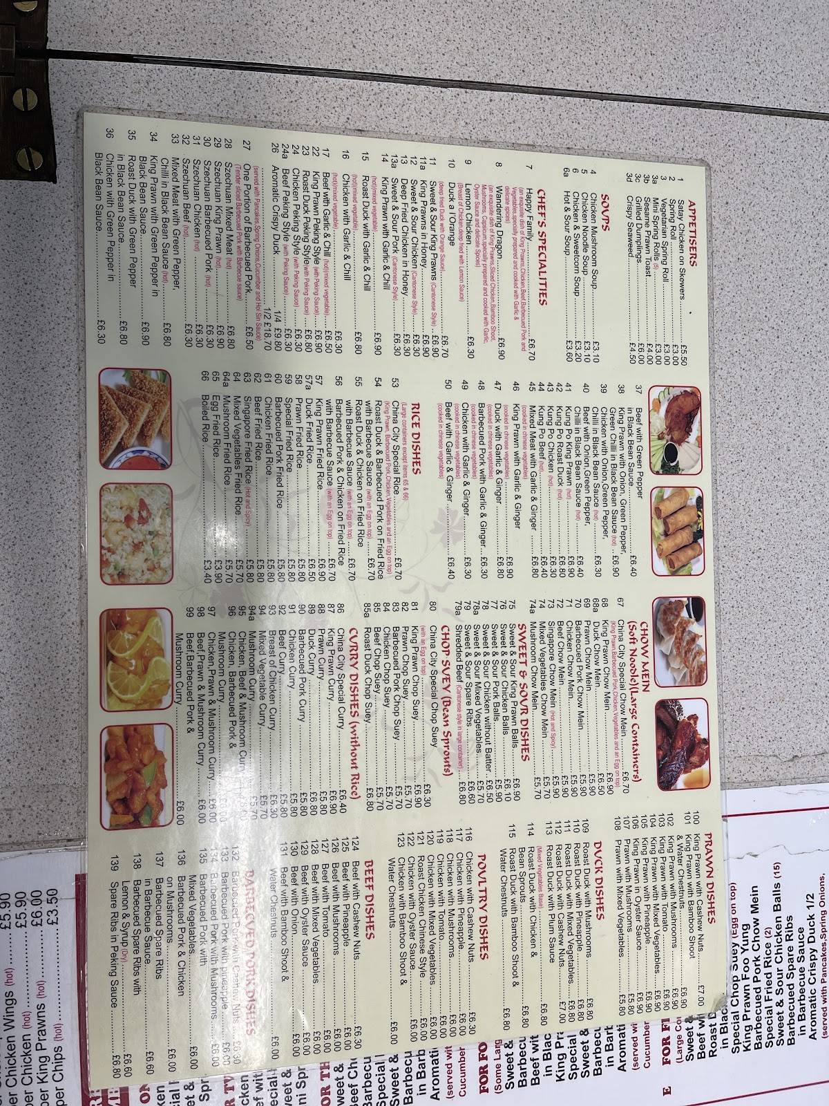 Menu at China City fast food, Cromer
