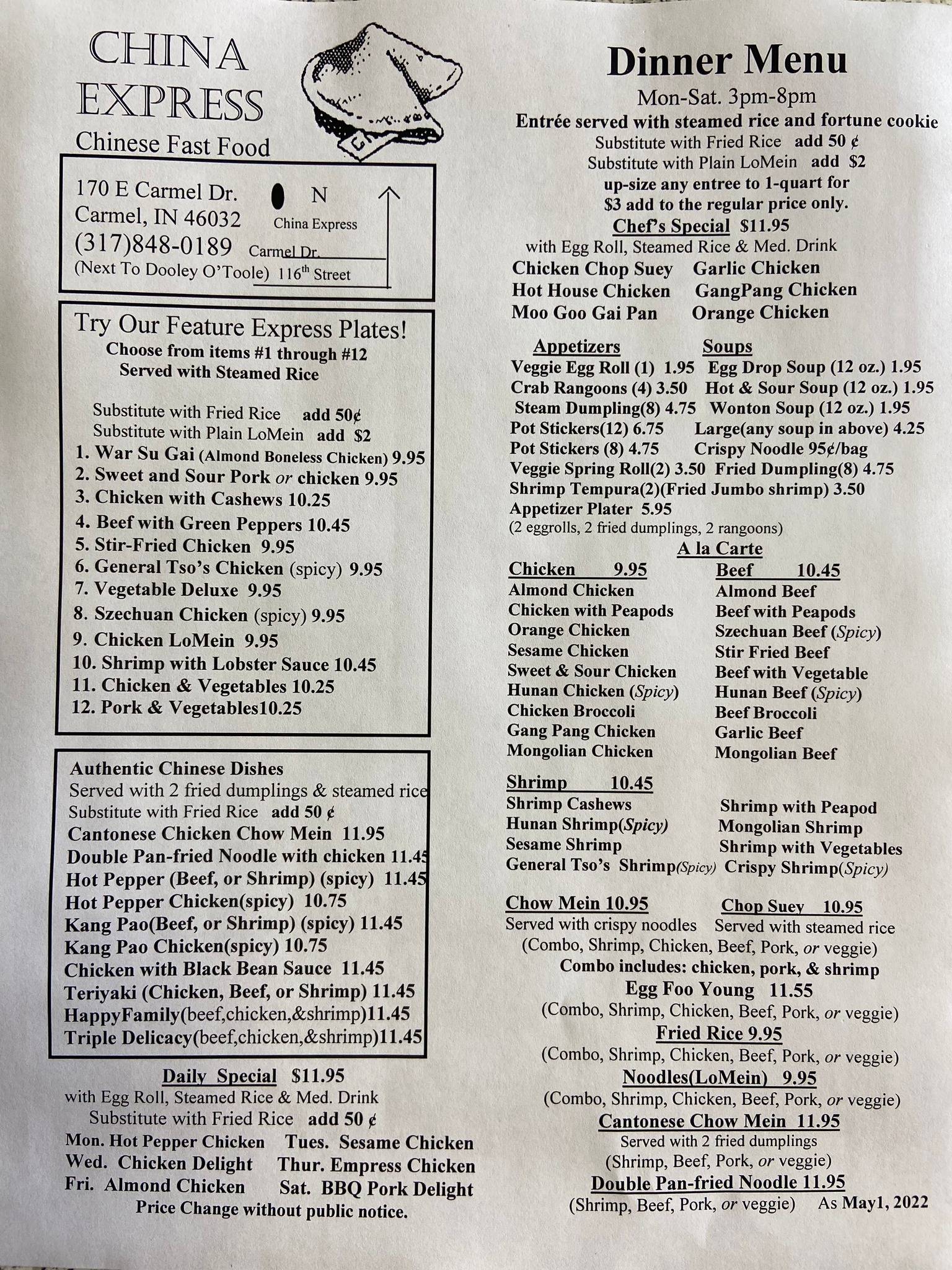 Menu at China Express restaurant, Carmel, 170 E Carmel Dr